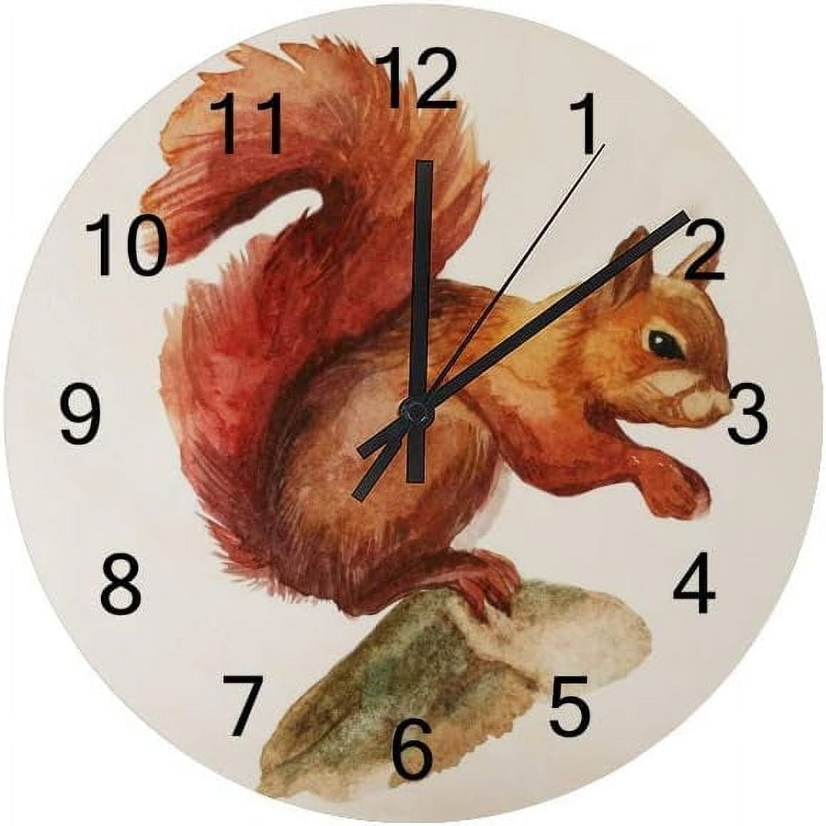 SKYSONIC Silent Wooden Round Wall Clock Squirrel On White Non Ticking ...