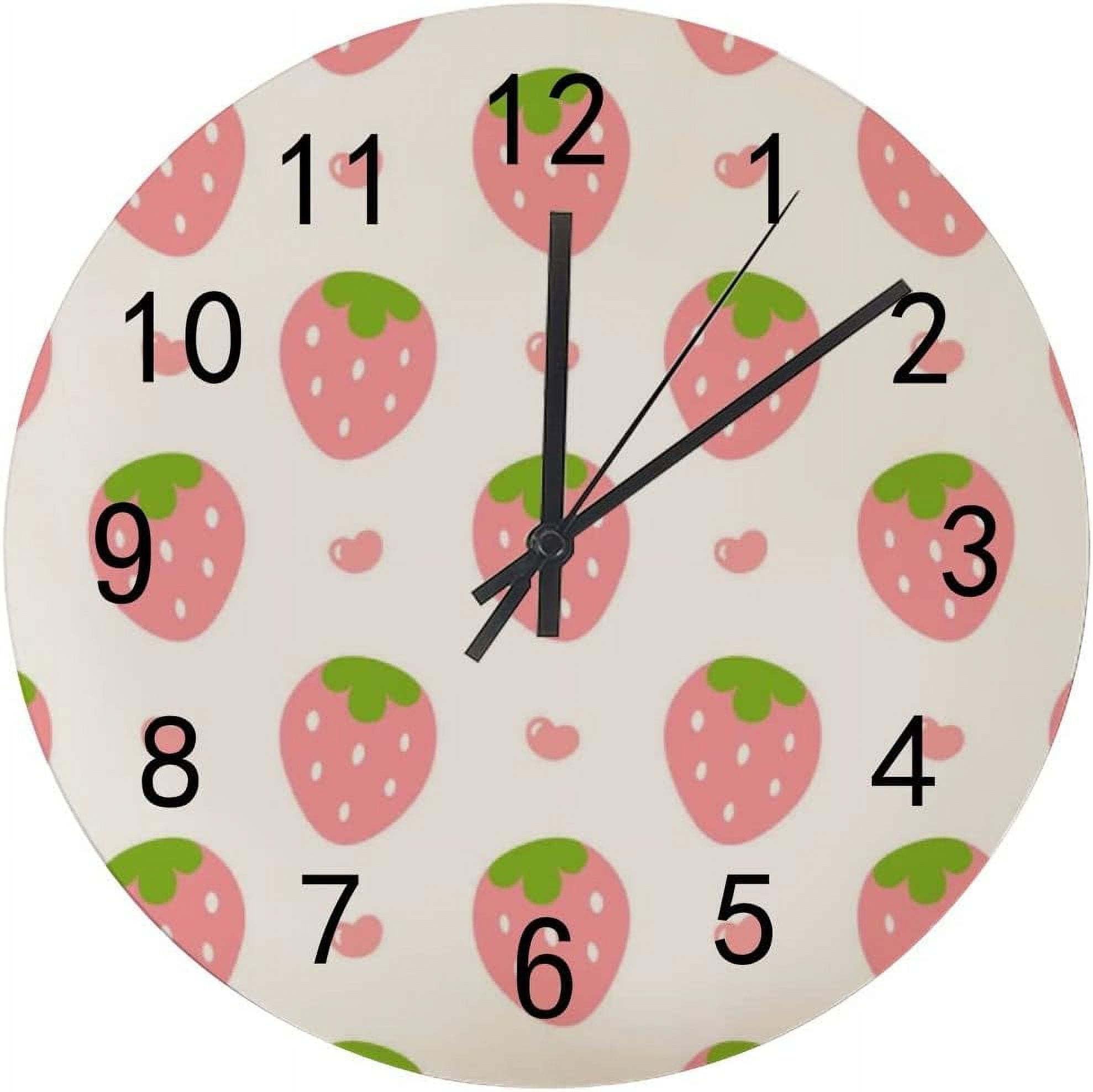 SKYSONIC Silent Wooden Round Wall Clock Strawberry with Dot and Hearts ...