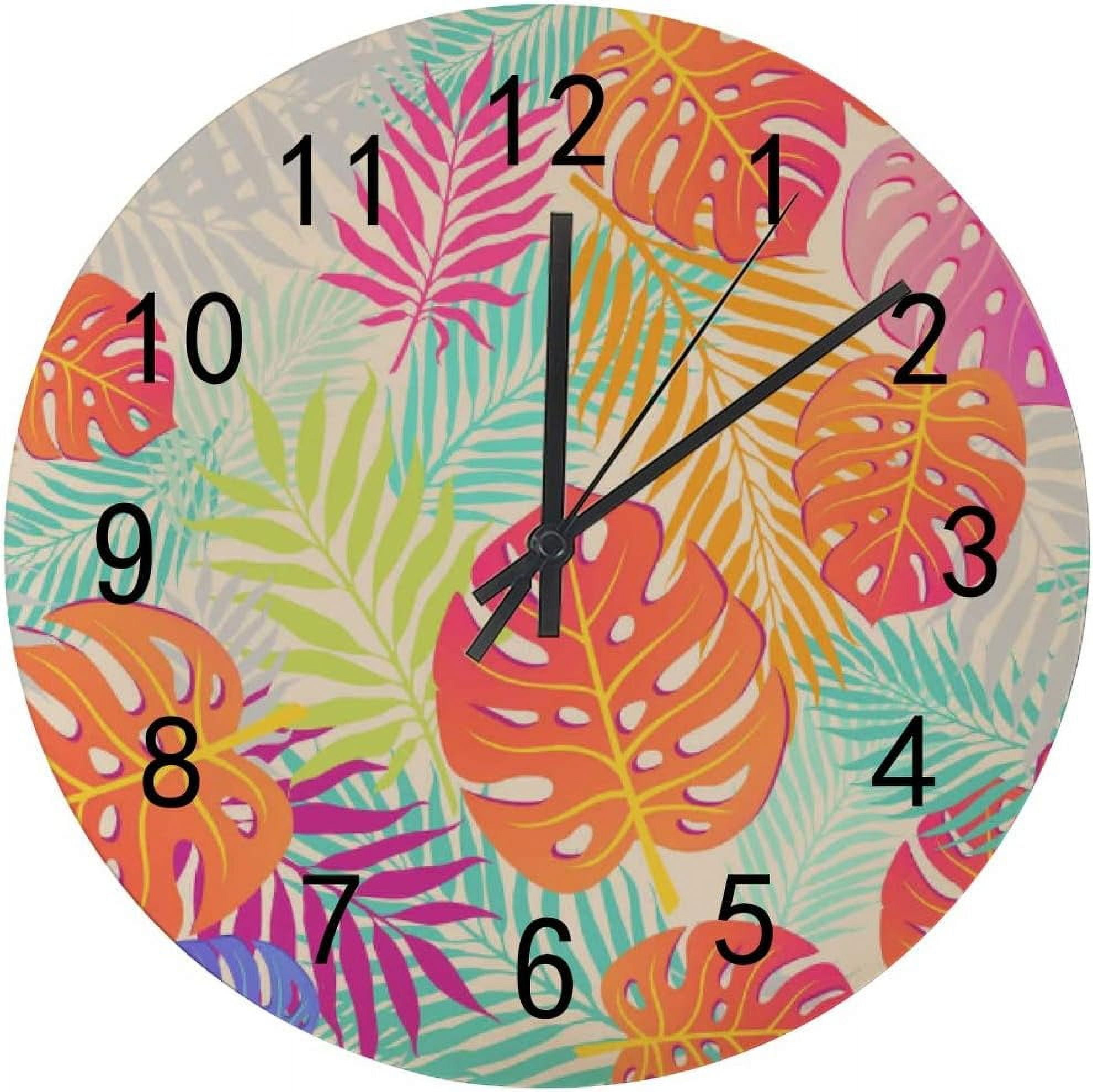 SKYSONIC Silent Wooden Round Wall Clock Summer Exotic Floral Palm ...