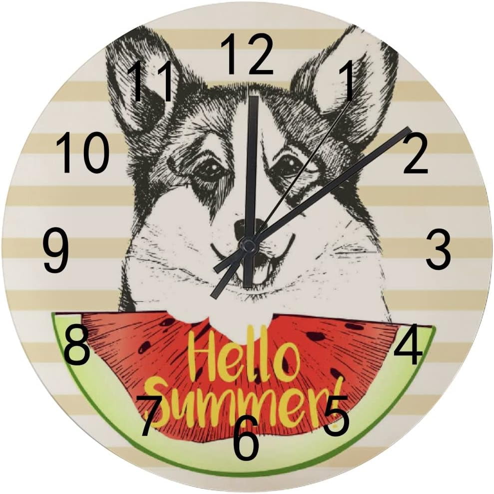 SKYSONIC Silent Wooden Round Wall Clock Summer Welsh Corgi Dog Eating ...