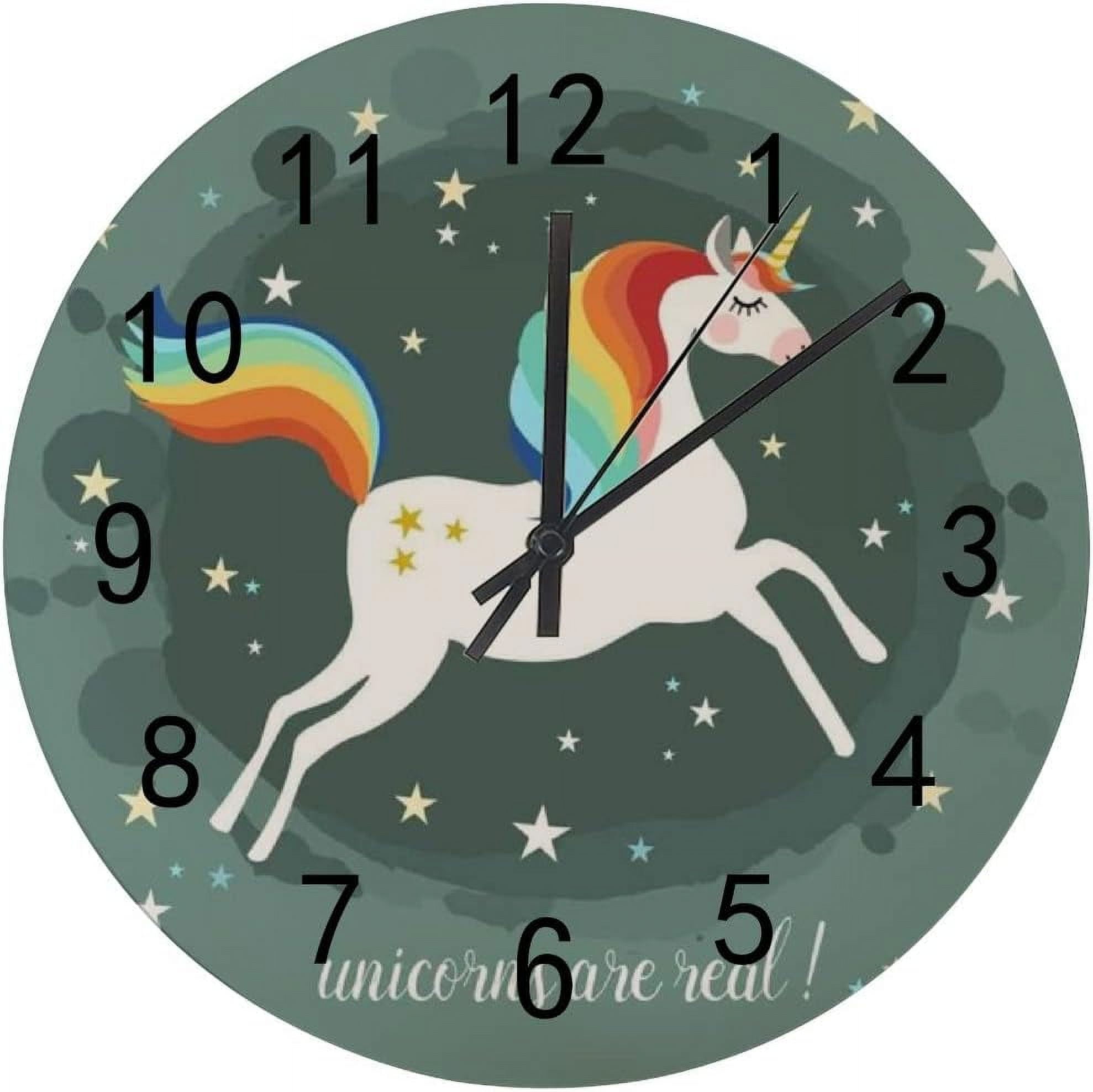 SKYSONIC Silent Wooden Round Wall Clock Unicorn Running Non Ticking ...