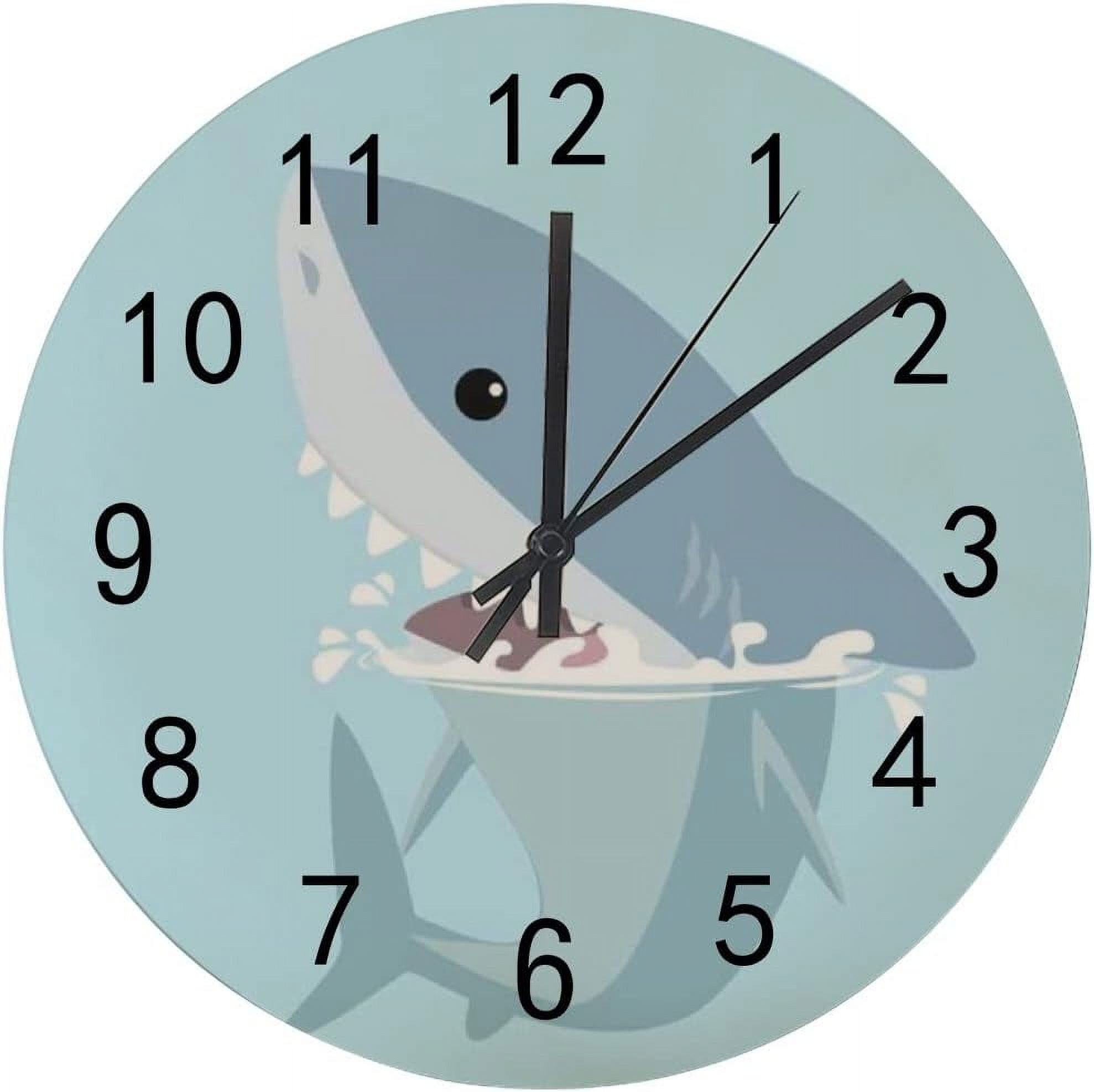 SKYSONIC Silent Wooden Round Wall Clock Vivid Shark Non Ticking Battery ...