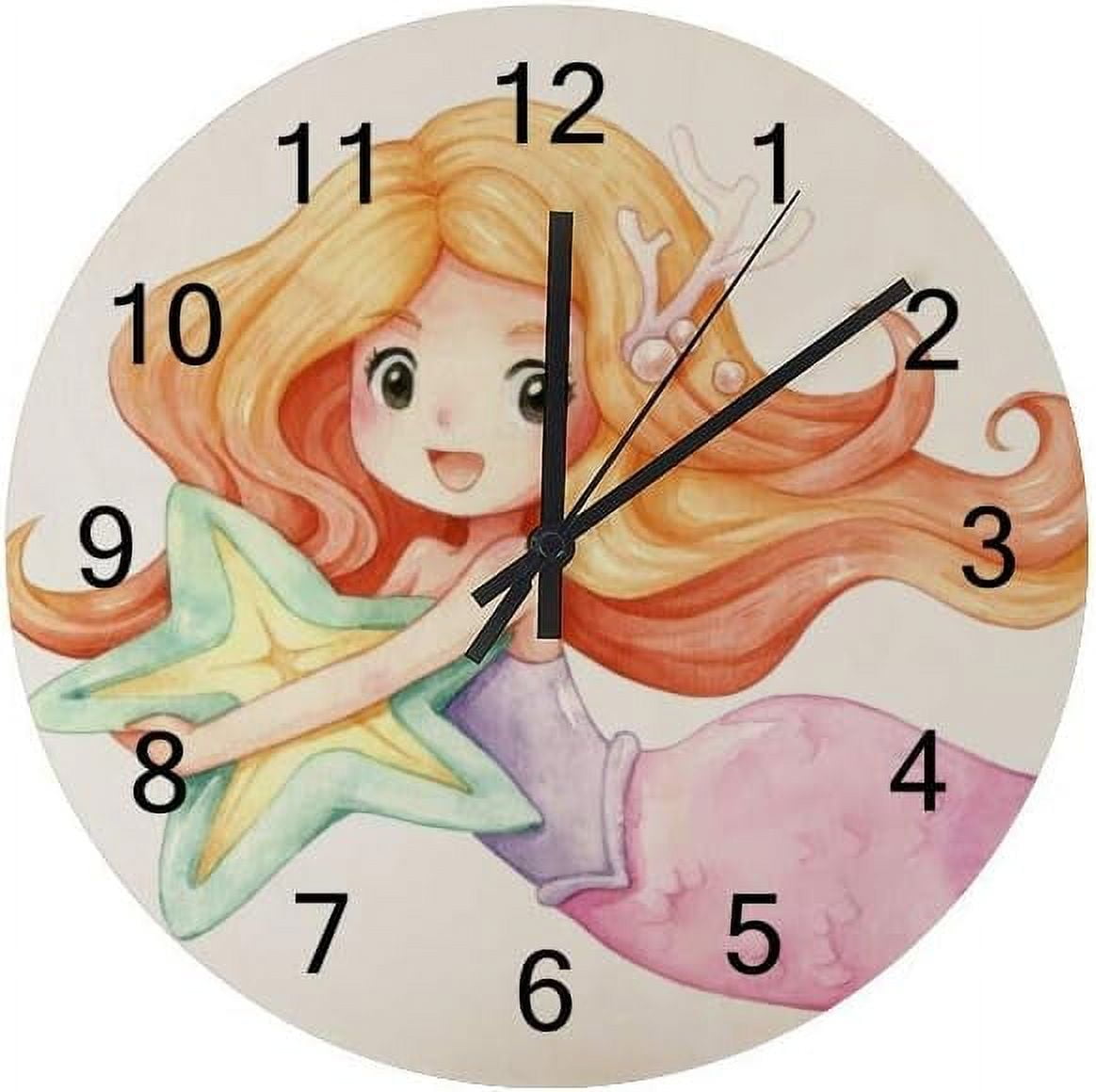 SKYSONIC Silent Wooden Round Wall Clock Watercolor Mermaid Non Ticking ...