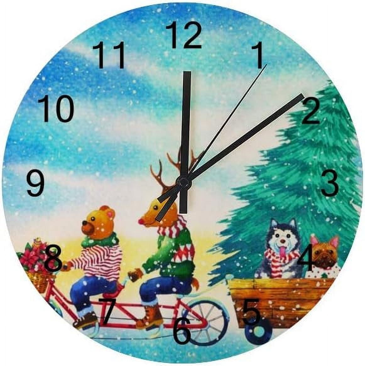 SKYSONIC Silent Wooden Round Wall Clock Watercolor Painting Animals Non ...