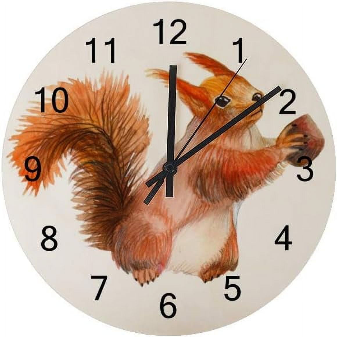 SKYSONIC Silent Wooden Round Wall Clock Watercolor Squirrel Non Ticking Battery Operated Clocks ...