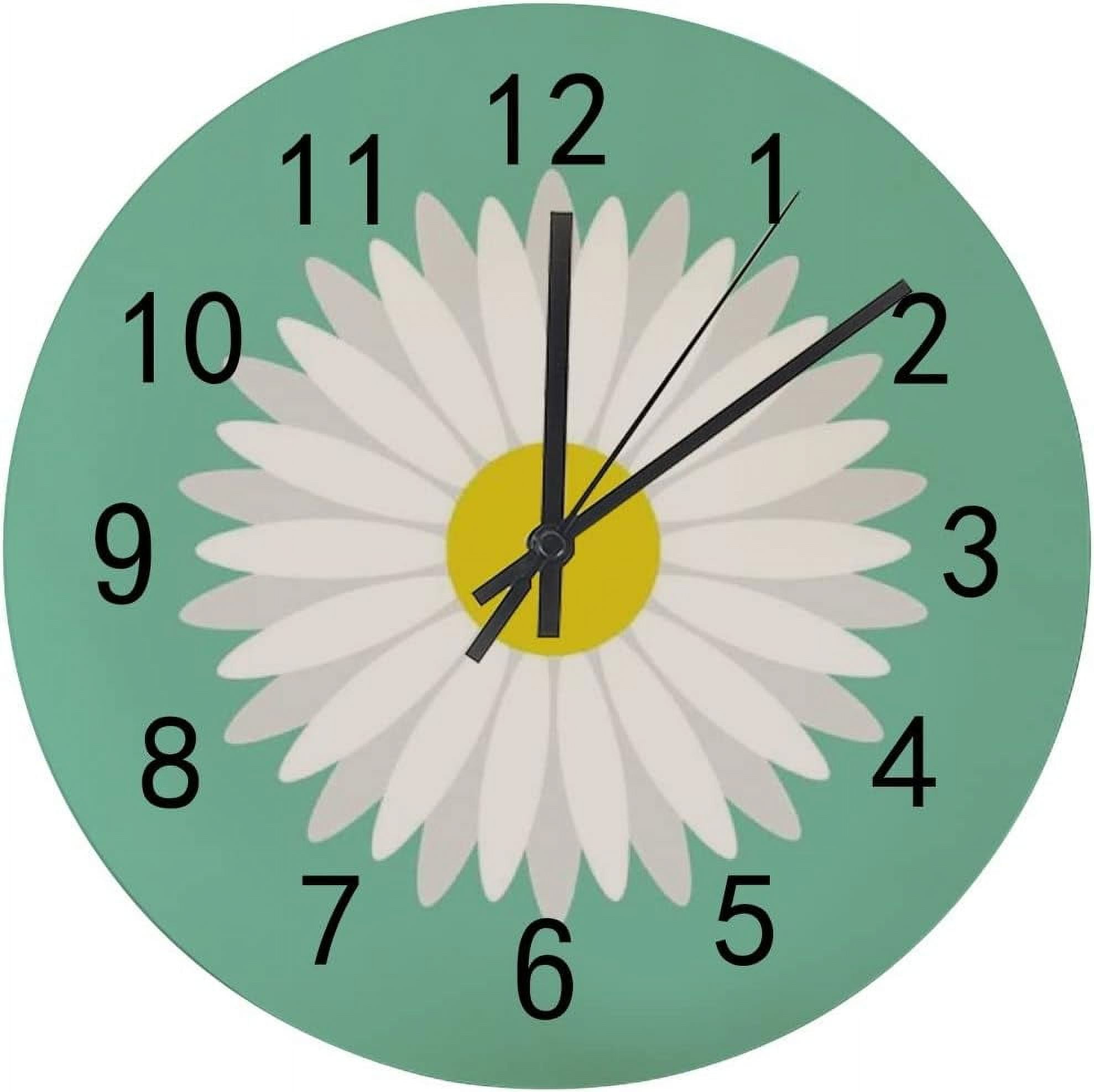 SKYSONIC Silent Wooden Round Wall Clock White Daisy Flower Non Ticking ...