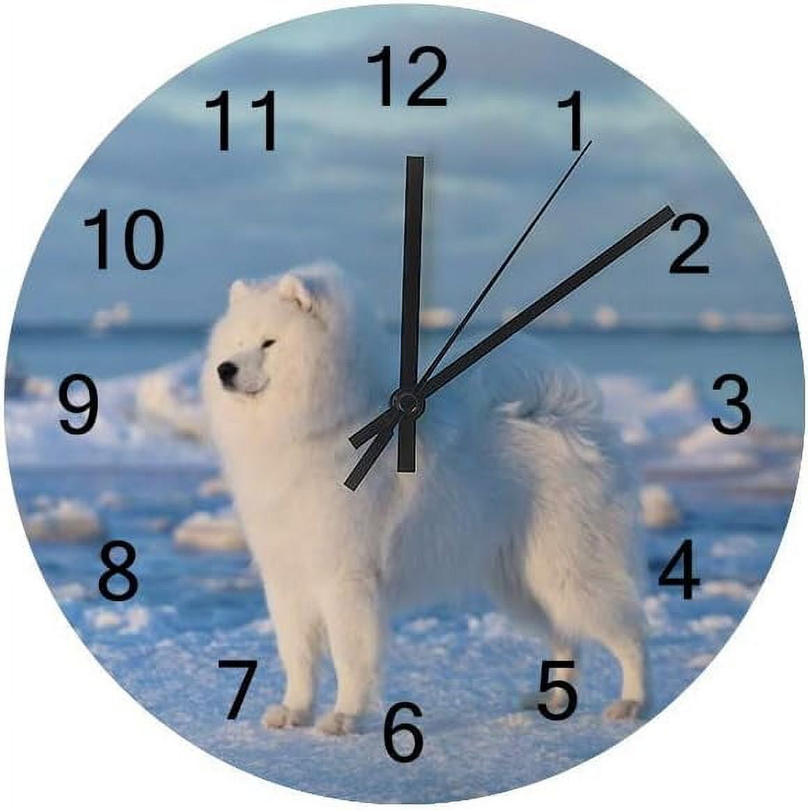 SKYSONIC Silent Wooden Round Wall Clock White Dog Samoyed Stand Non ...