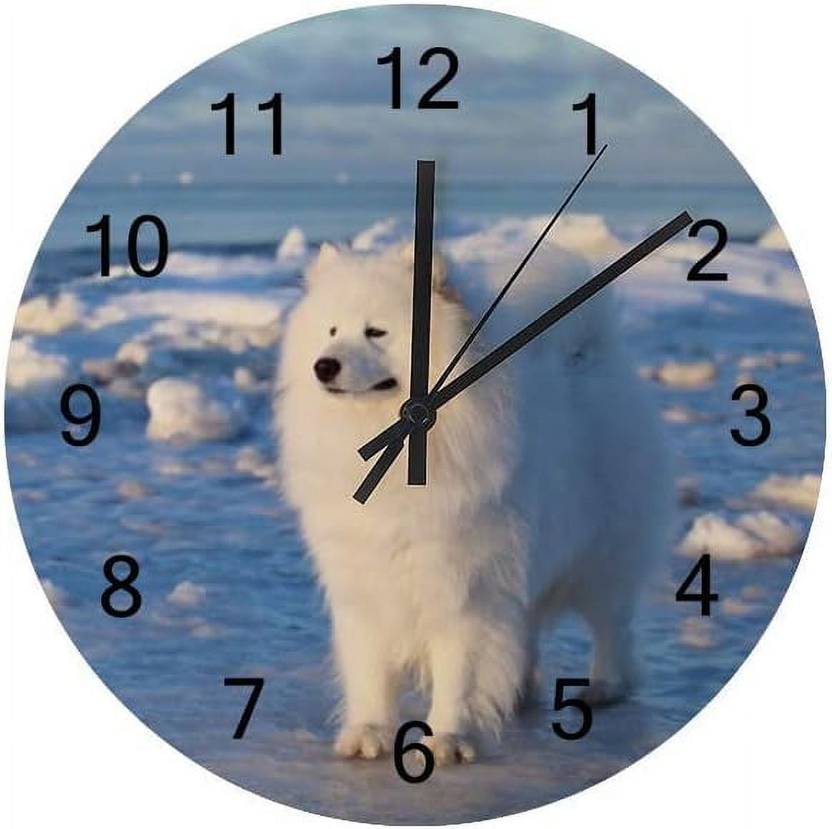 SKYSONIC Silent Wooden Round Wall Clock White Fluffy Dog Samoyed Stand ...