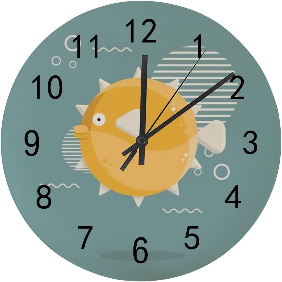 SKYSONIC Silent Wooden Round Wall Clock Yellow Puffer Fish Non Ticking ...