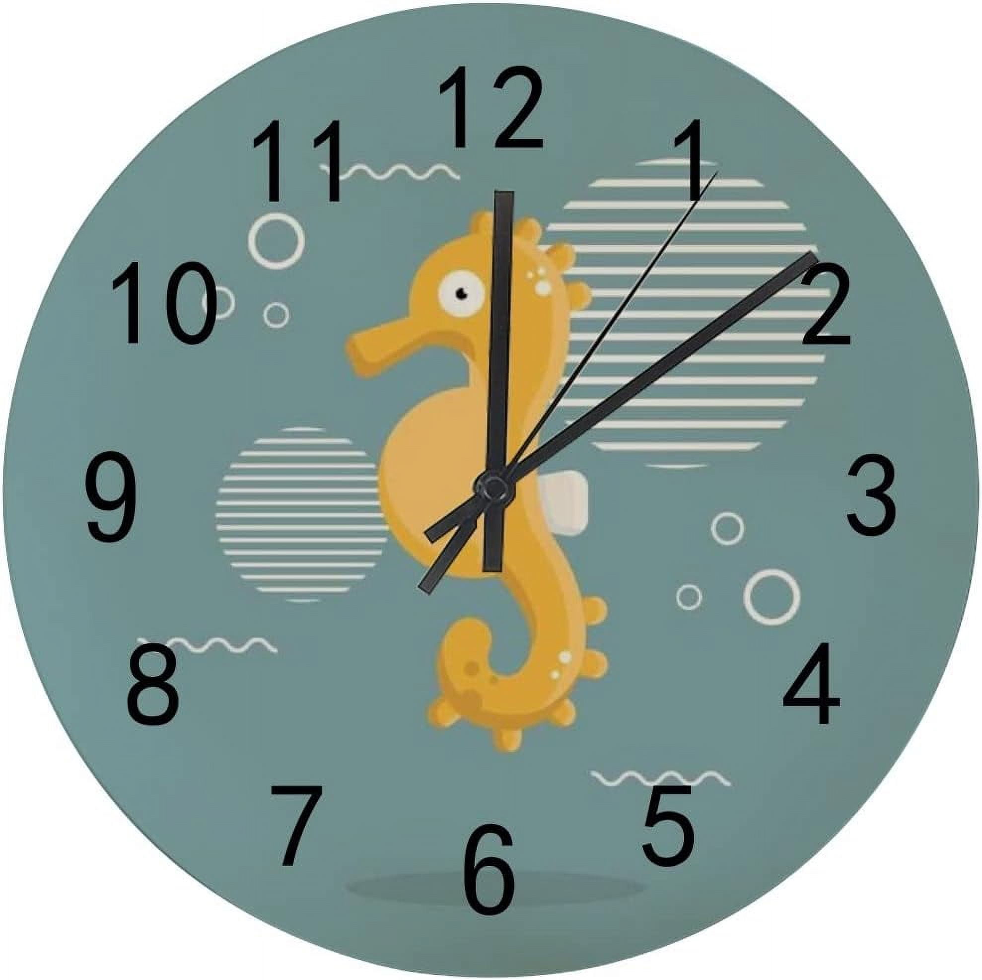 SKYSONIC Silent Wooden Round Wall Clock Yellow Sea Horse Non Ticking ...
