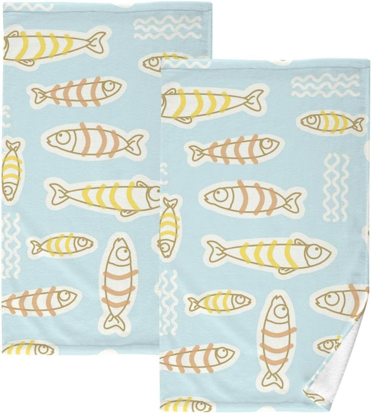 SKYSONIC Simple Cartoon Fish Patterned Hand Towels 2 PCS, Cotton Bath ...