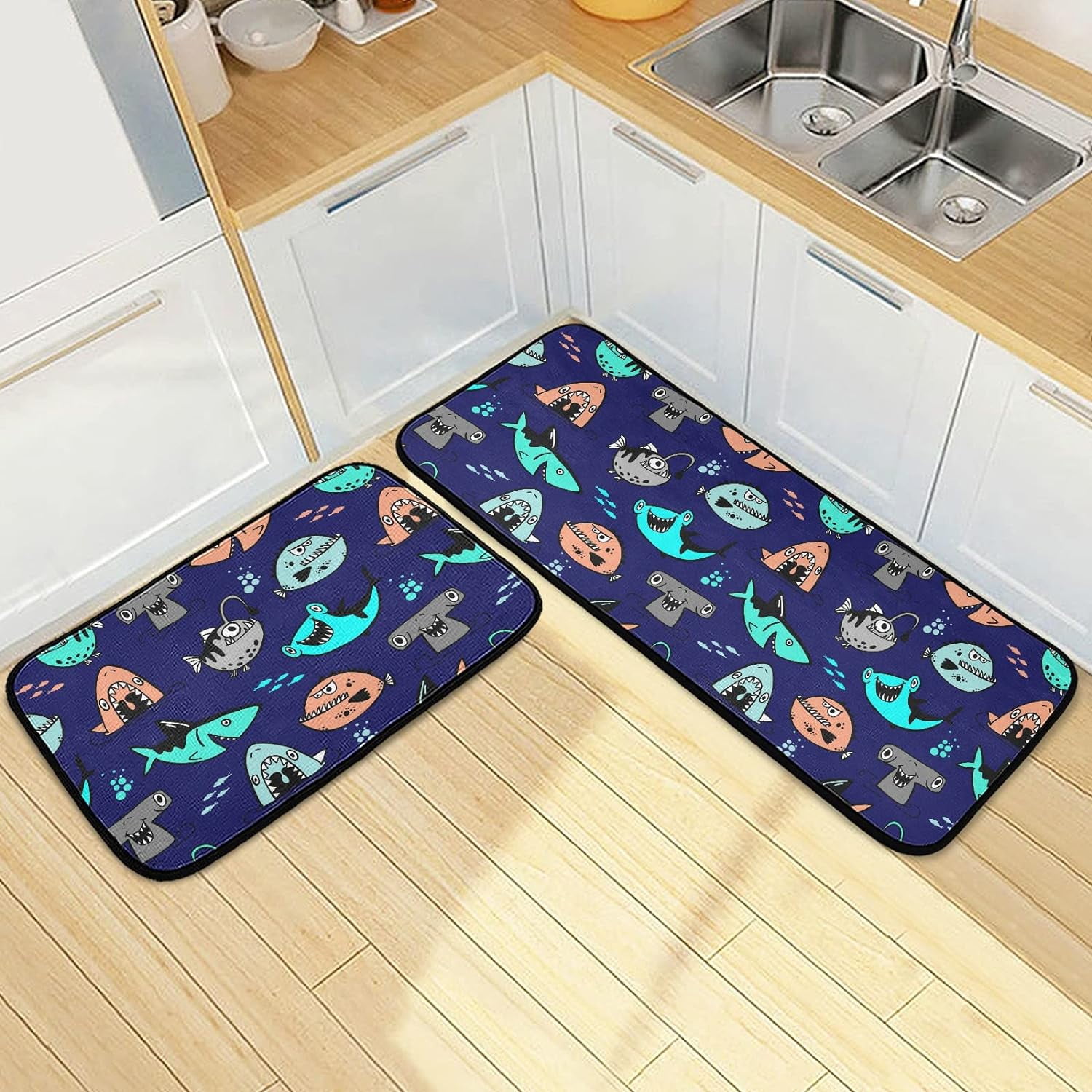 SKYSONIC Sketch Shark Blue Ocean Kitchen Mats and Rugs Cartoon Floor ...