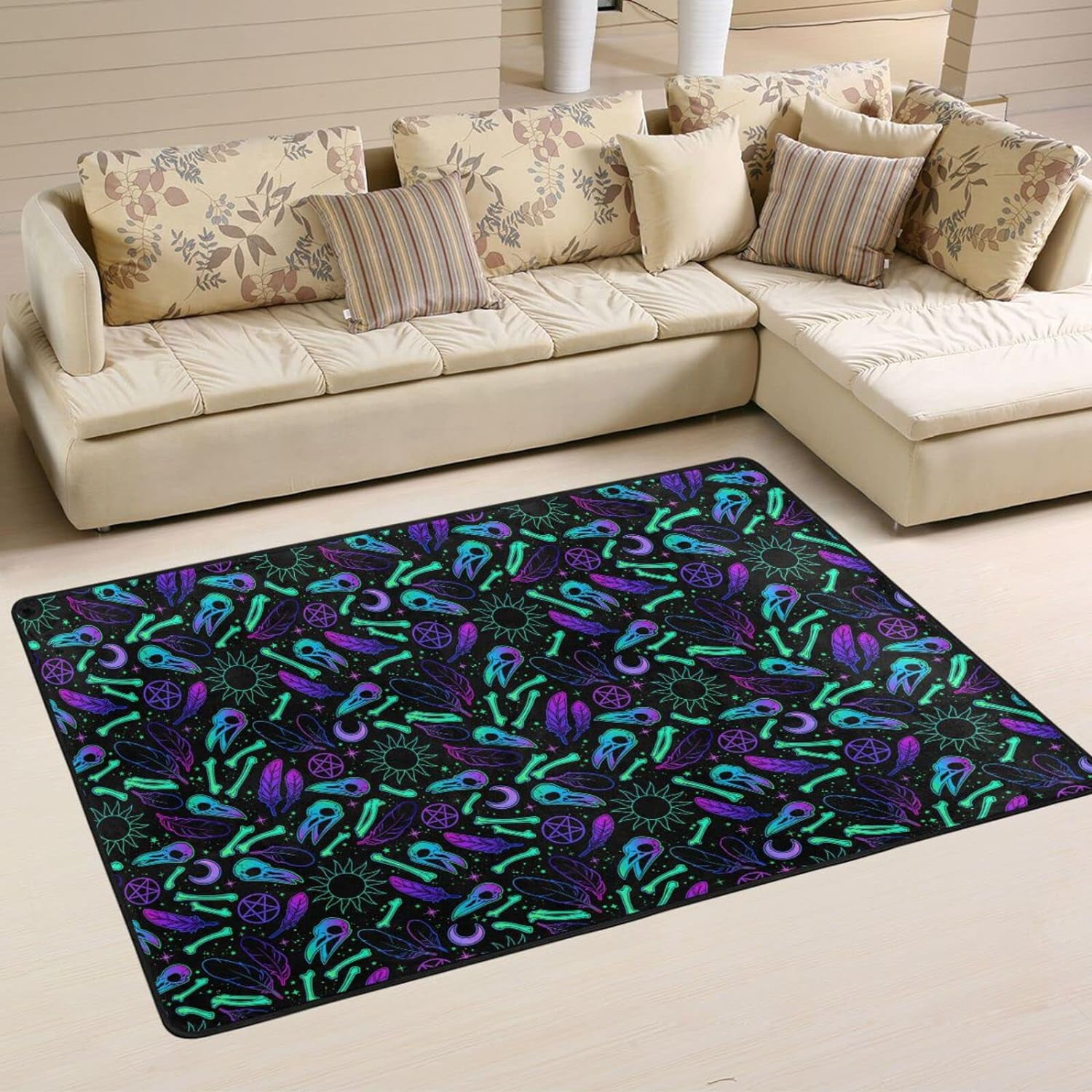 SKYSONIC Skulls Bird Bones Feather Non-Slip Area Rug, Magic Symbols ...