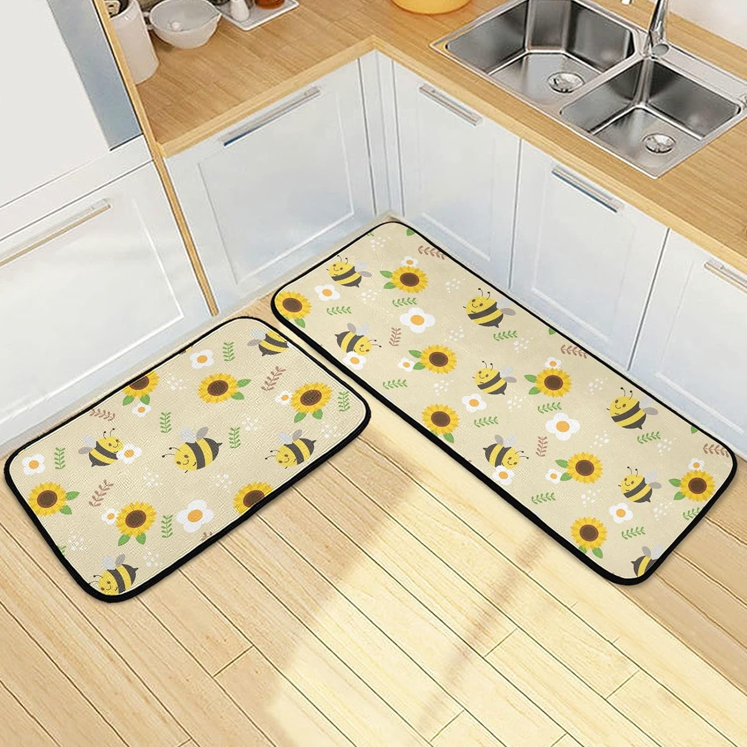 SKYSONIC Spring Cute Bee Sunflower Kitchen Rugs Set of 2, Daisy Flral ...