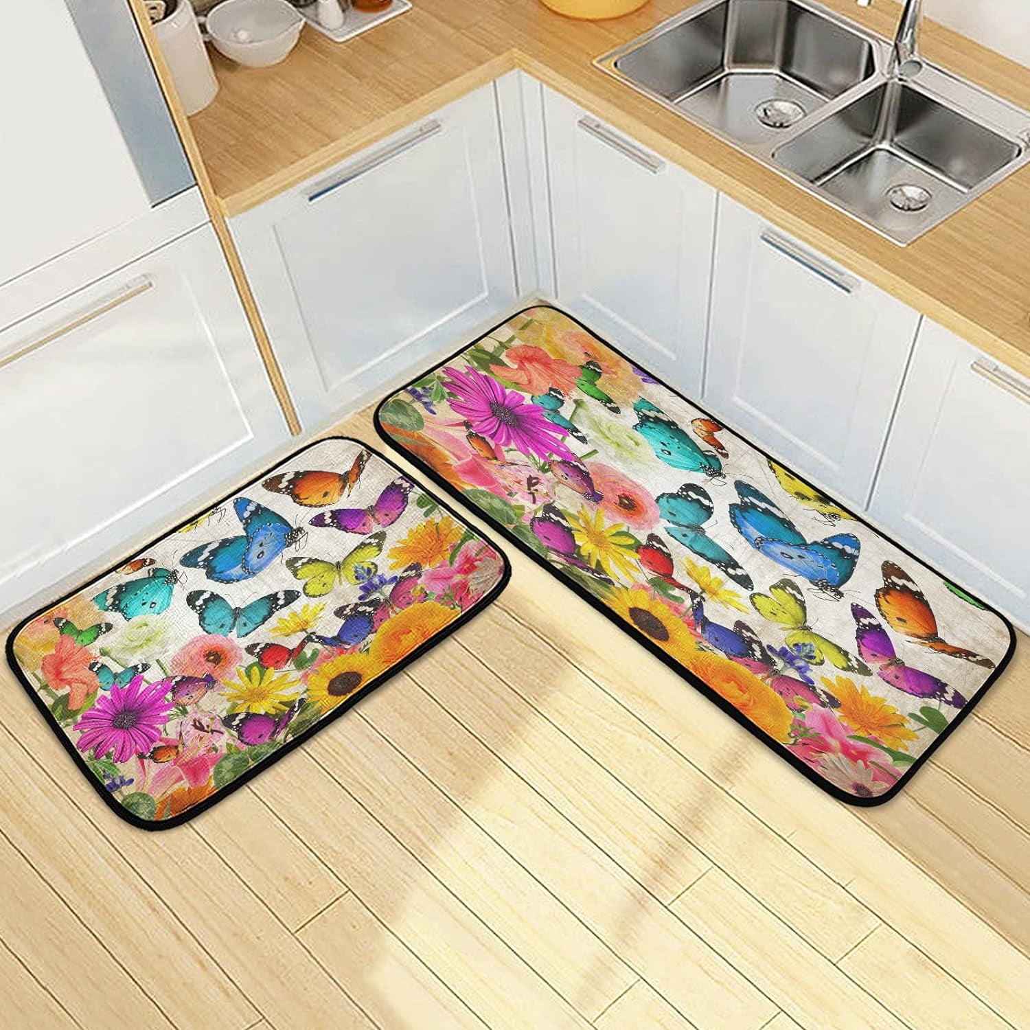 SKYSONIC Spring Flowers Butterflies Kitchen Rugs Set of 2, Colorful ...