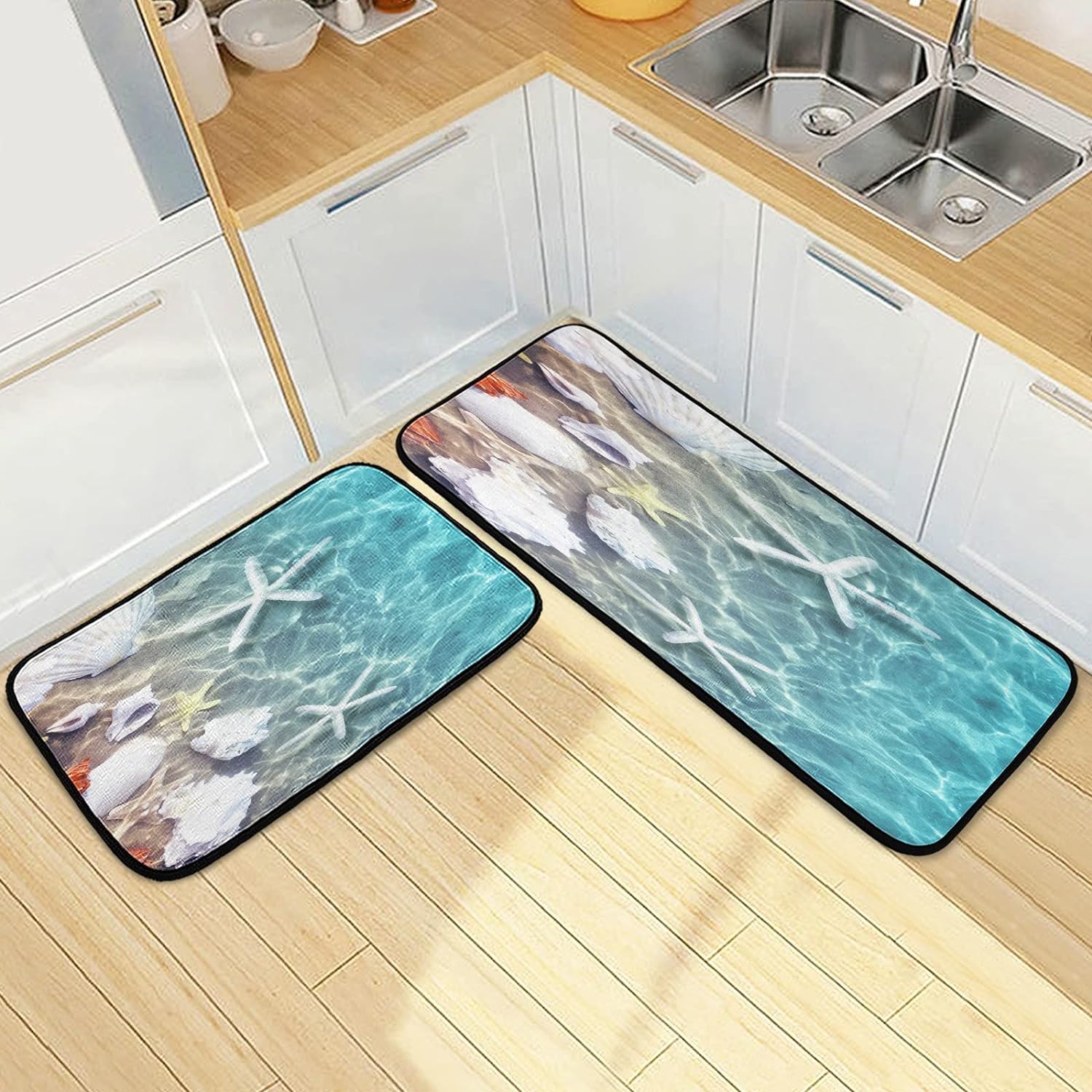 SKYSONIC Starfish Coral Seashell Kitchen Mats and Rugs Summer Sea Water ...