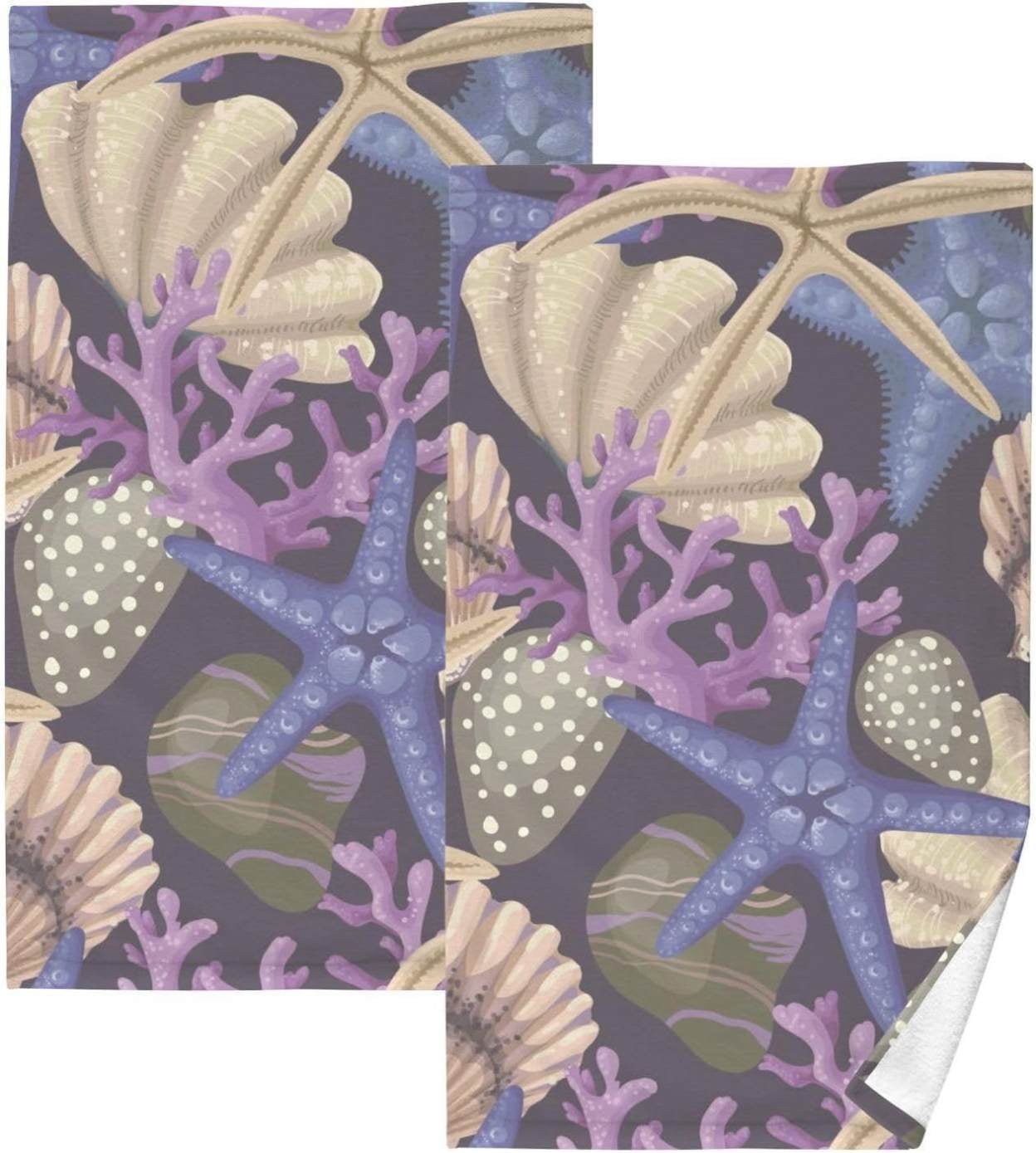 SKYSONIC Starfish Seashell Hand Towels 2 Pack, Cotton Bath Towel for ...