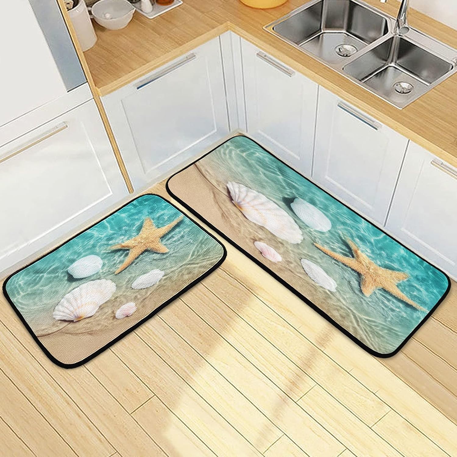 SKYSONIC Starfish Seashell Summer Kitchen Mats and Rugs Beach Sea Water ...