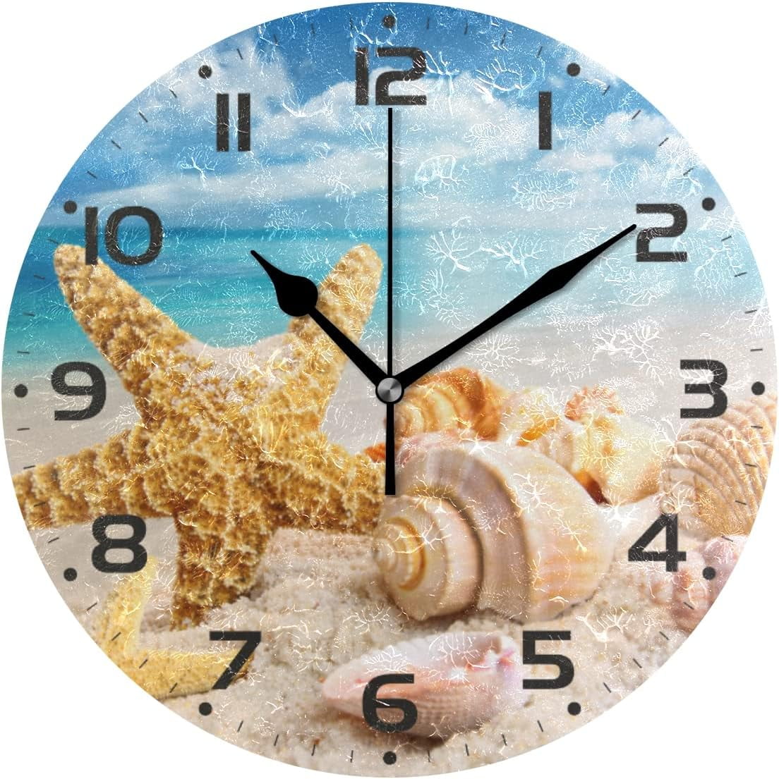 SKYSONIC Starfish and Seashells on The Beach Wall Clock 10 Inch Silent ...