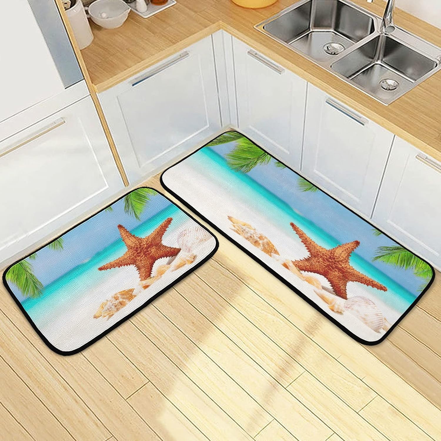 SKYSONIC Starfish White Sandy Beach Kitchen Mats and Rugs Coconut Palm ...