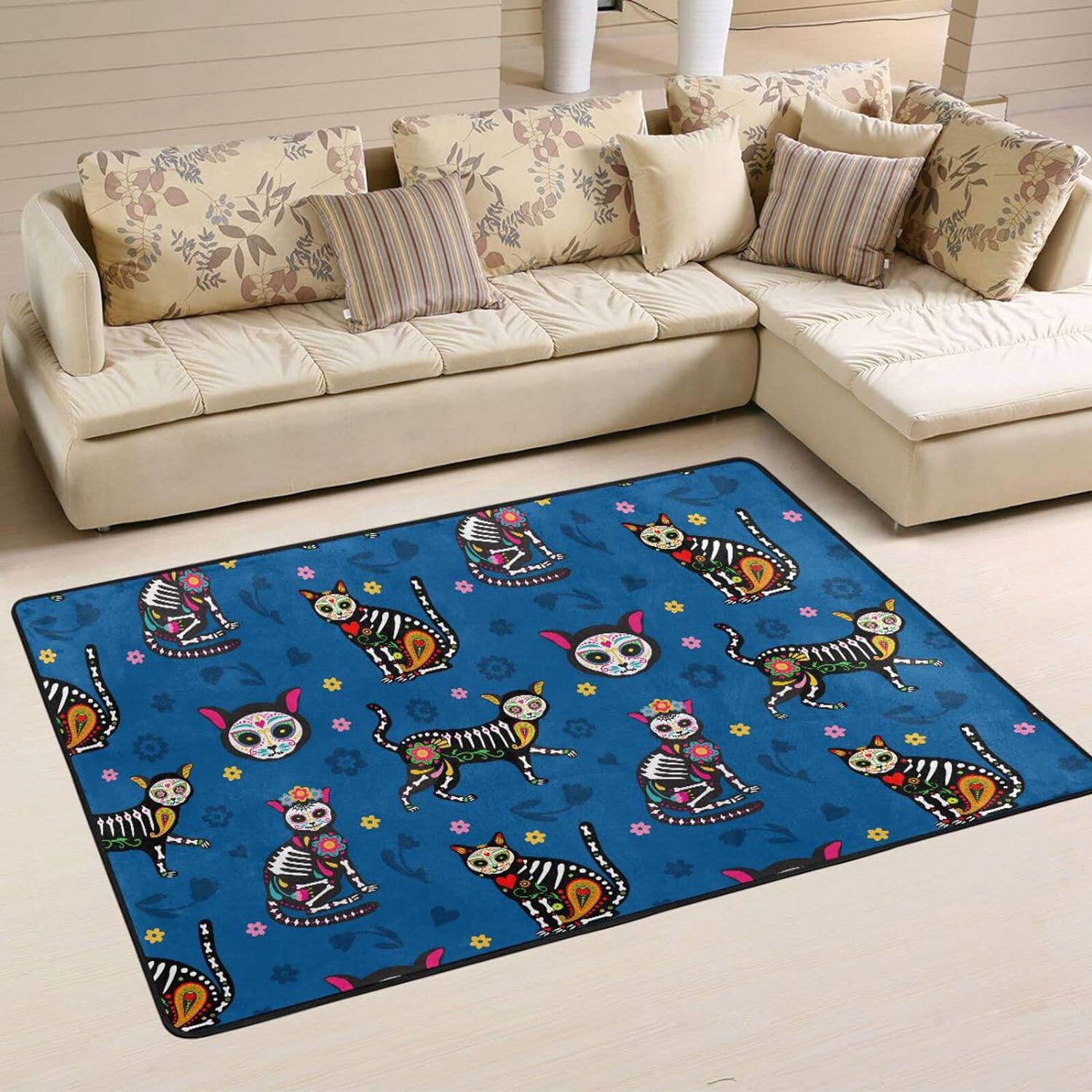 SKYSONIC Sugar Skull Black Cats Non-Slip Area Rug, Mexican Style Floor ...
