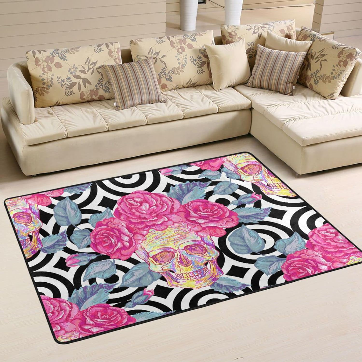 SKYSONIC Sugar Skulls Roses Non-Slip Area Rug, Valentines Day Floor ...