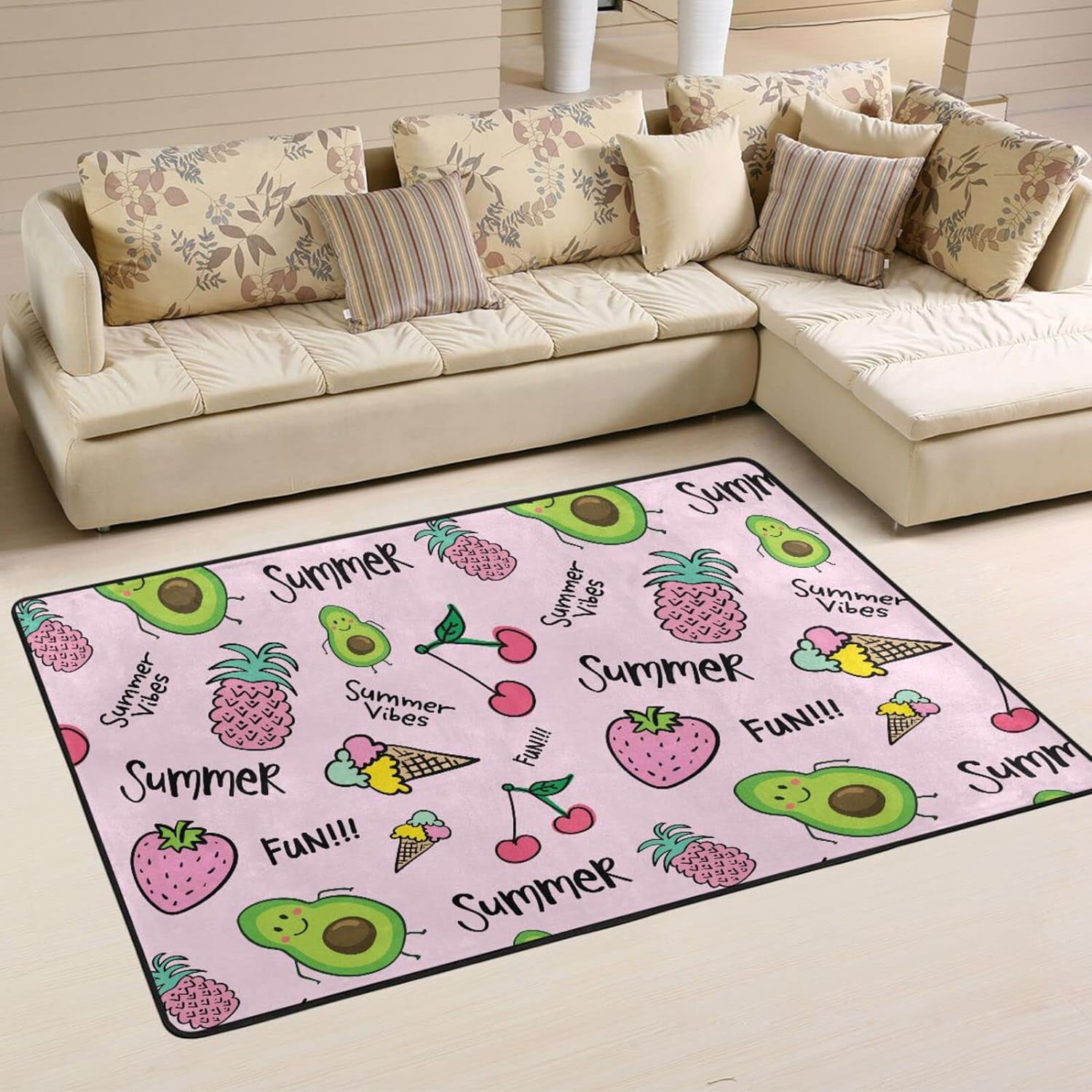 SKYSONIC Summer Avocado Cherry Area Rug 72 ×48in Ice Cream Pineapple ...
