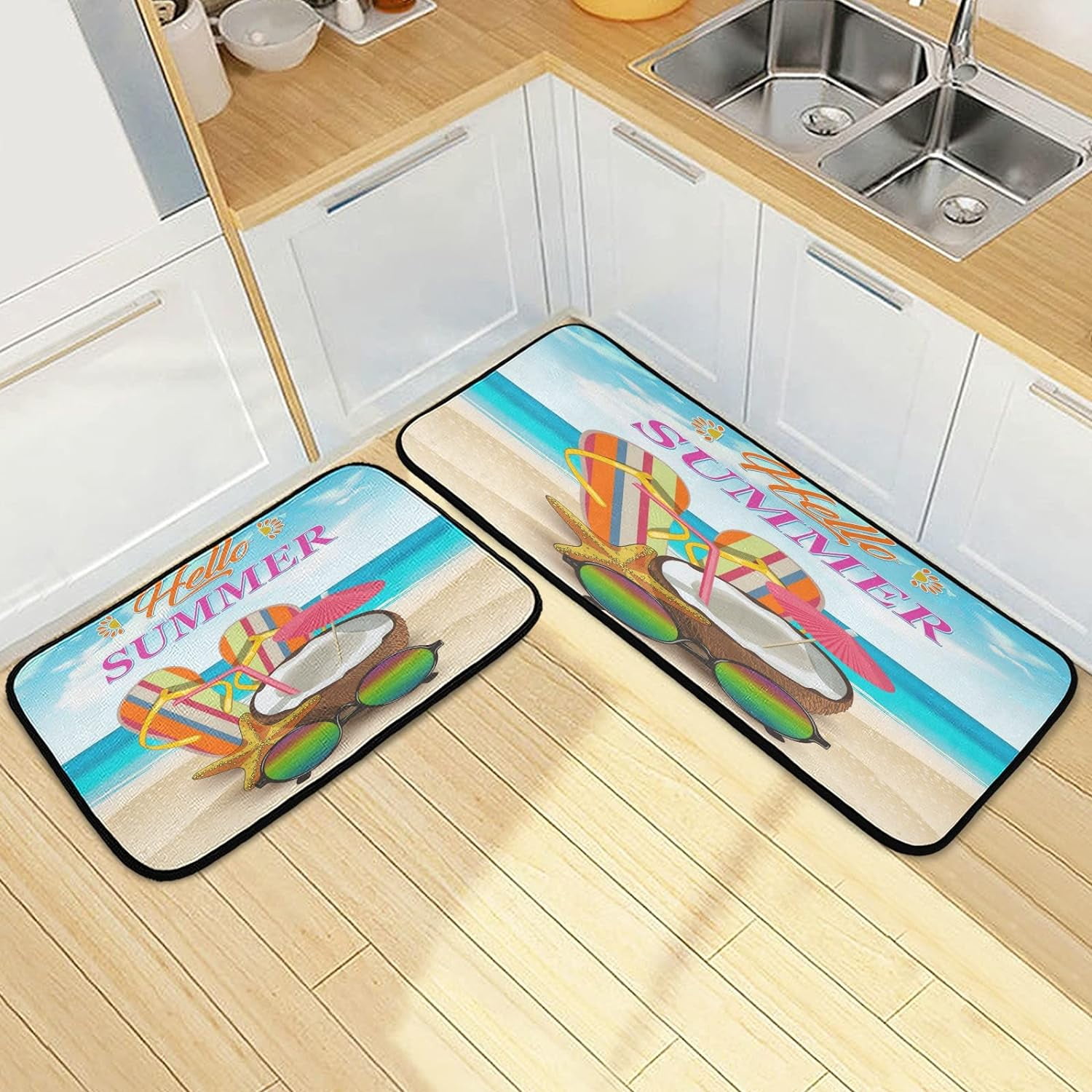 SKYSONIC Summer Beach Coconut Kitchen Rugs Set of 2, Flip Flops ...