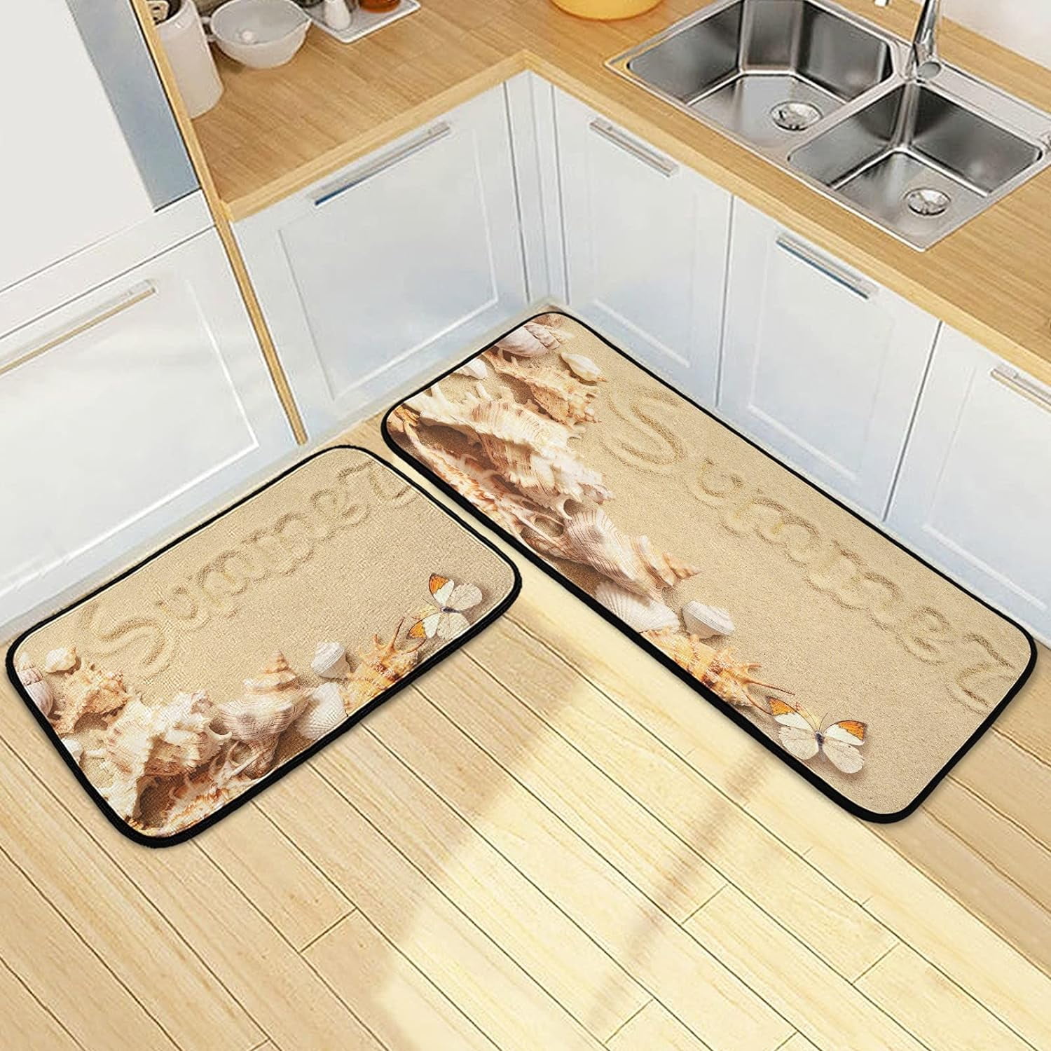 SKYSONIC Summer Beach Sand Kitchen Mats and Rugs Seashells Conchs ...