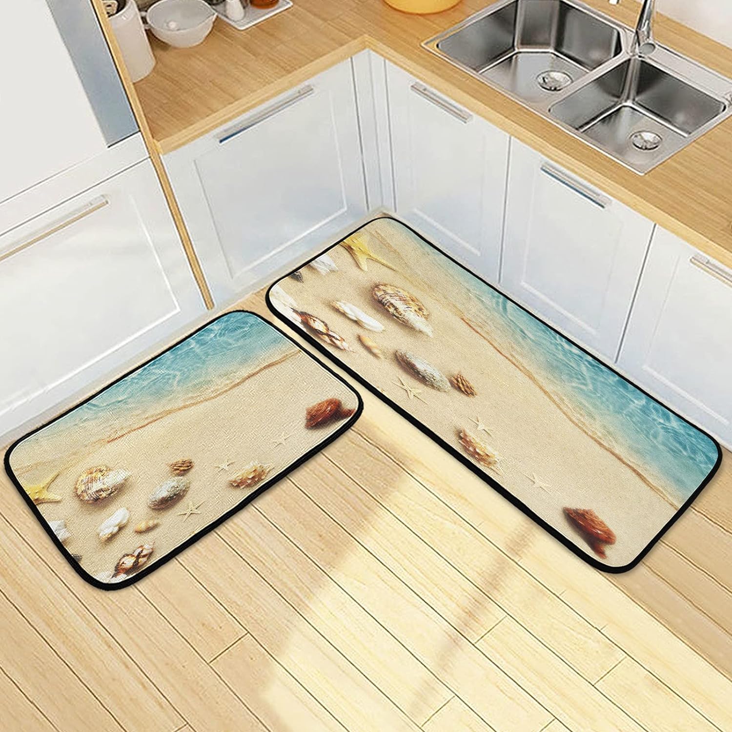 SKYSONIC Summer Beach Sea Water Kitchen Mats and Rugs Seashell Conch ...