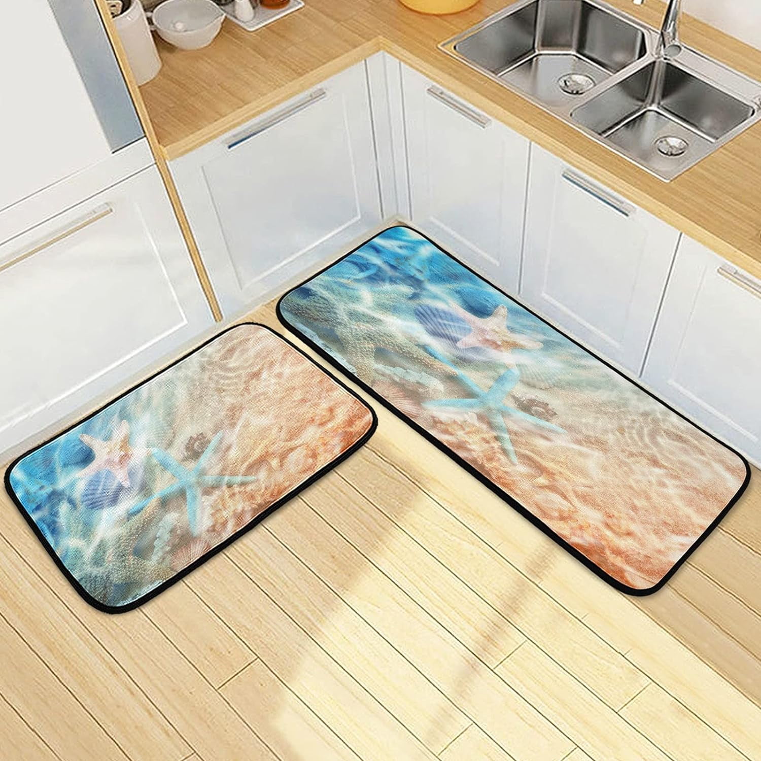 SKYSONIC Summer Beach Sea Water Kitchen Mats and Rugs Starfish Seashell ...