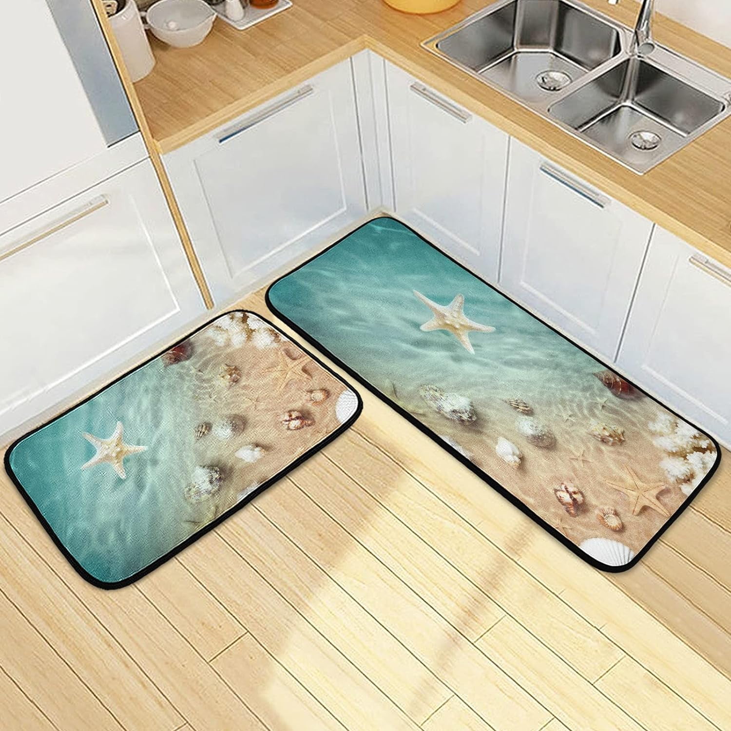 SKYSONIC Summer Beach Starfish Kitchen Mats and Rugs Conch Seashells ...