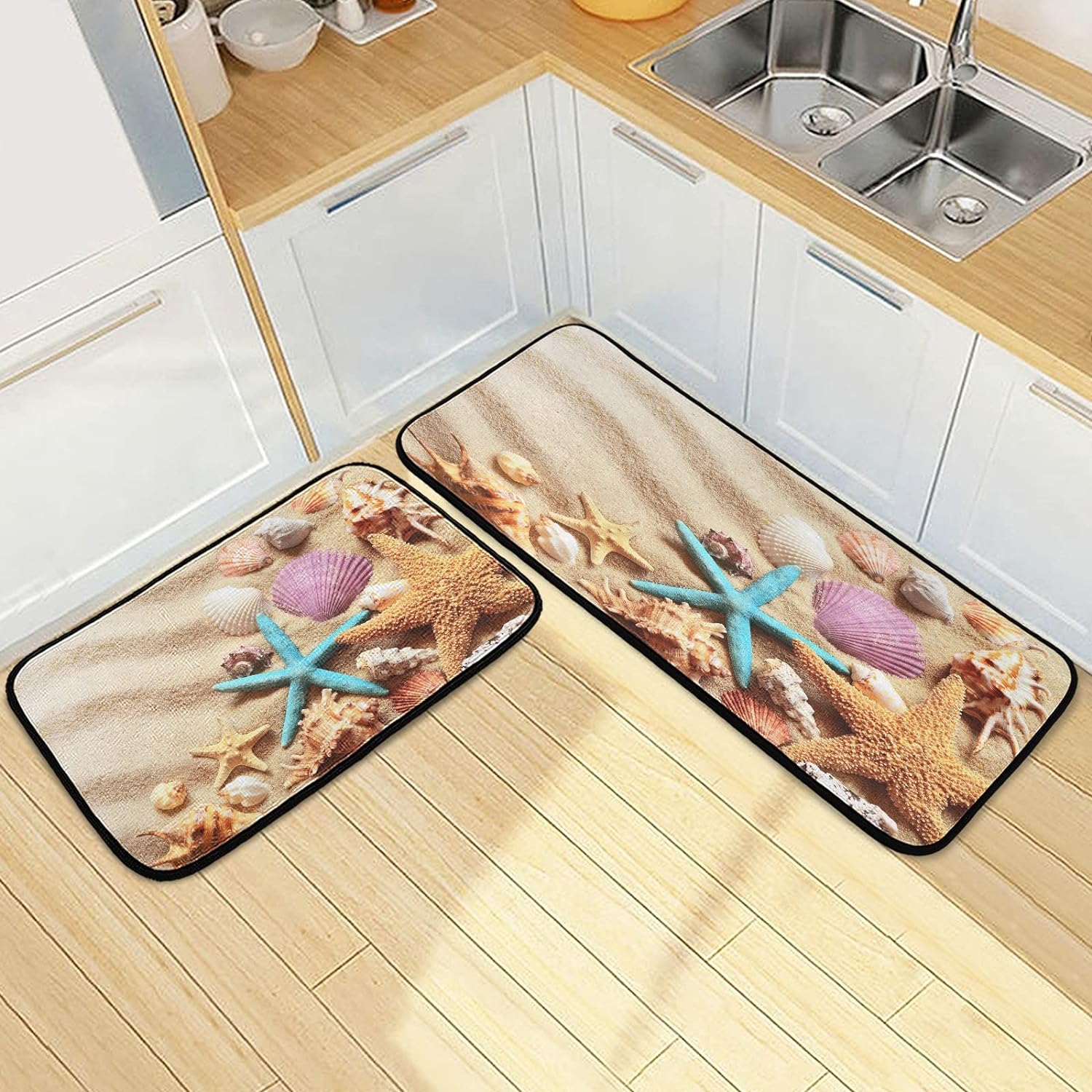 SKYSONIC Summer Beach Starfish Kitchen Mats and Rugs Seashells Conch ...