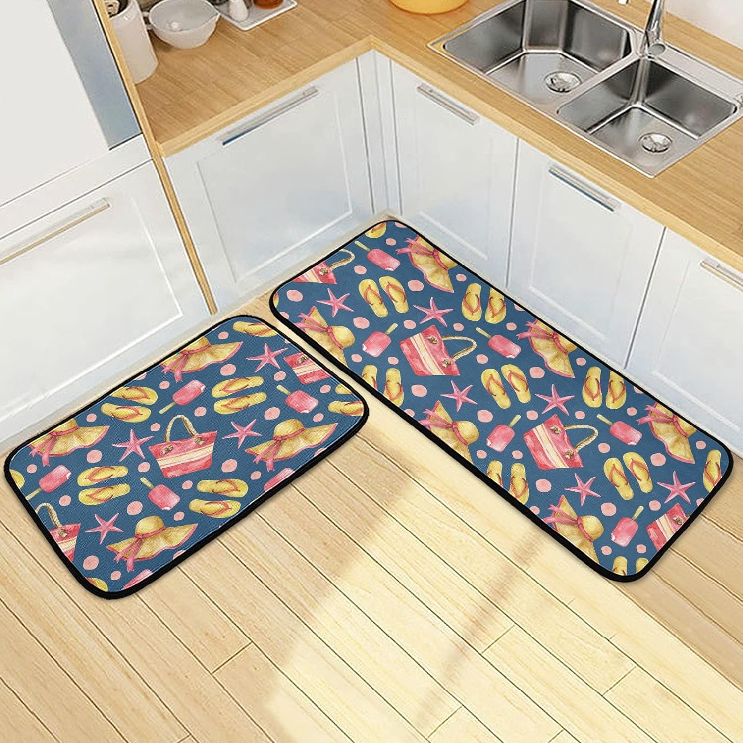 SKYSONIC Summer Beach Starfish Kitchen Rugs Set of 2, Flip Flop Hat ...