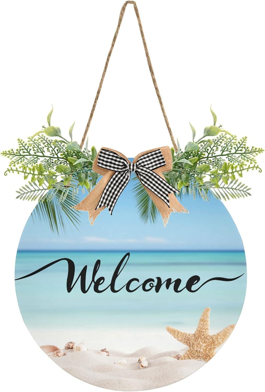 SKYSONIC Summer Beach Welcome Sign Front Door Decor Round Door Hanging ...