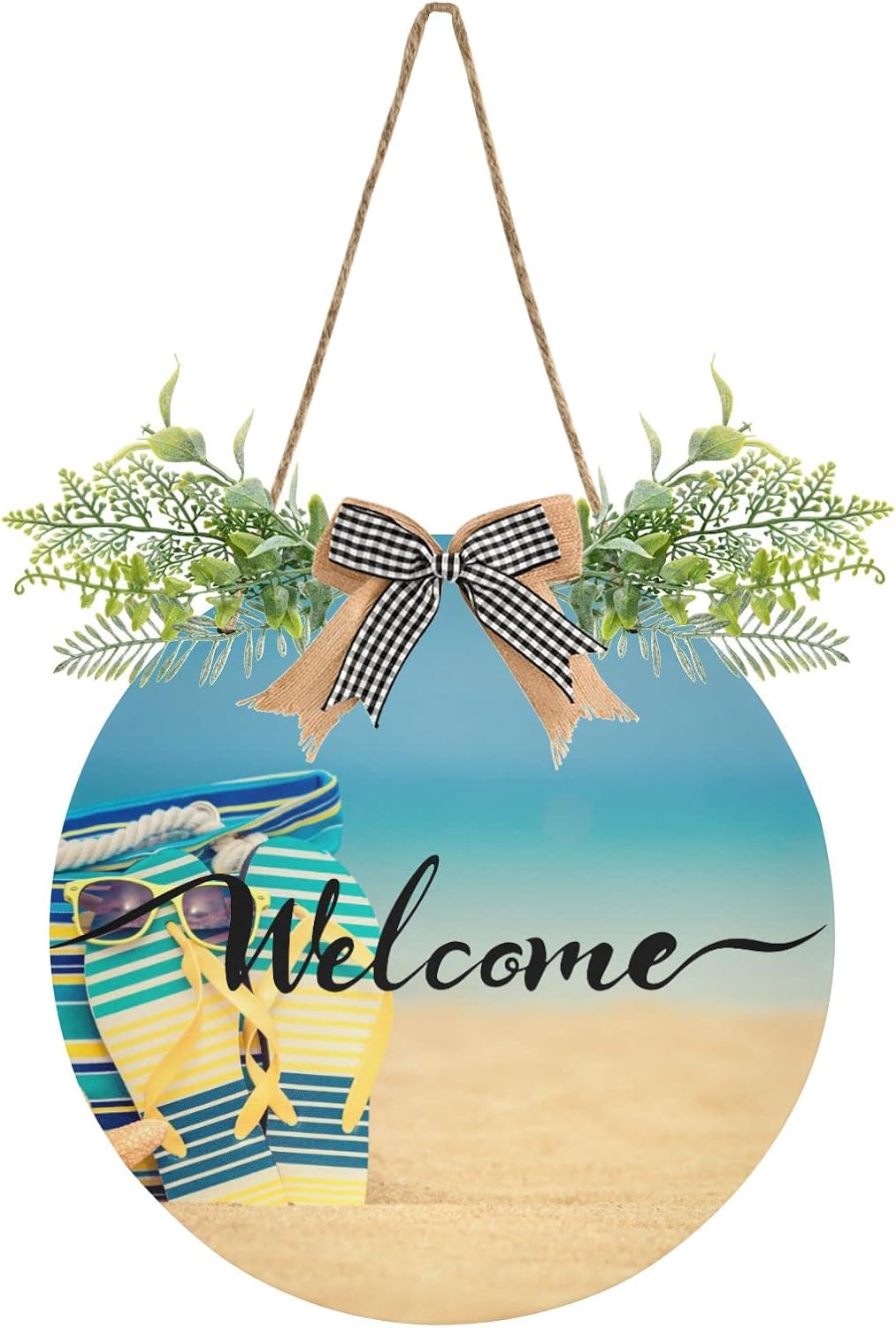 SKYSONIC Summer Beach Welcome Sign Front Door Decor Round Door Hanging ...