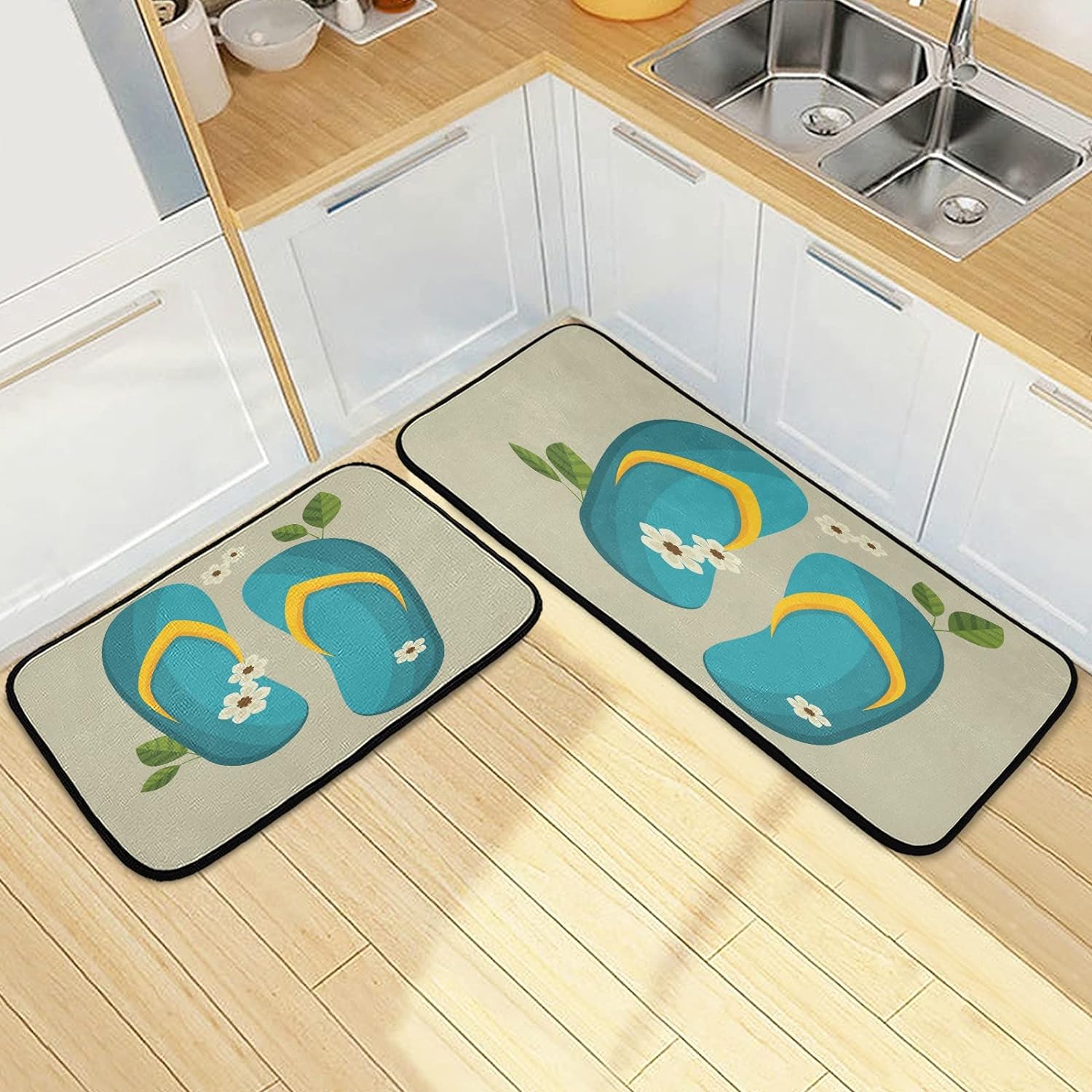 SKYSONIC Summer Blue Flip Flops Kitchen Rugs Set of 2, Leaves Flowers ...