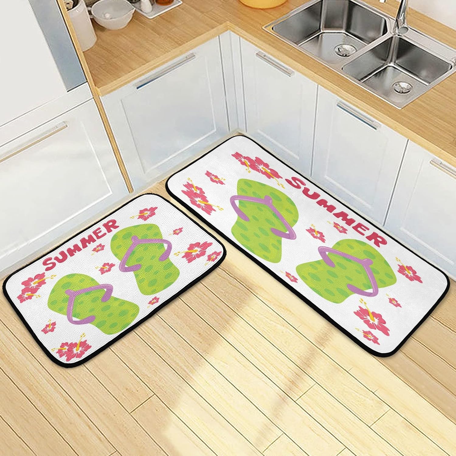 SKYSONIC Summer Flip Flops Kitchen Rugs Set of 2, Tropical Flower Floor ...
