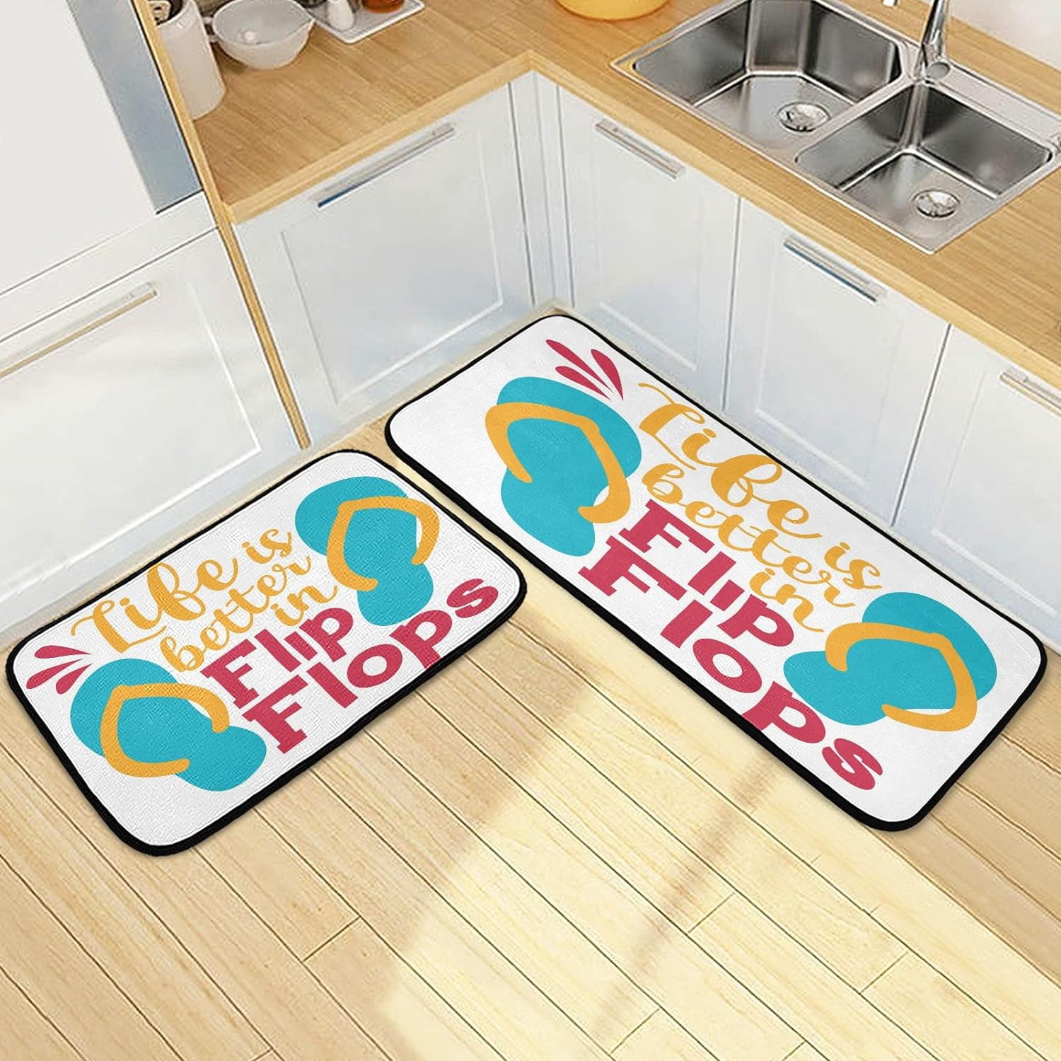 SKYSONIC Summer Flip-Flops Quote Kitchen Rugs Set of 2, Life is Better ...