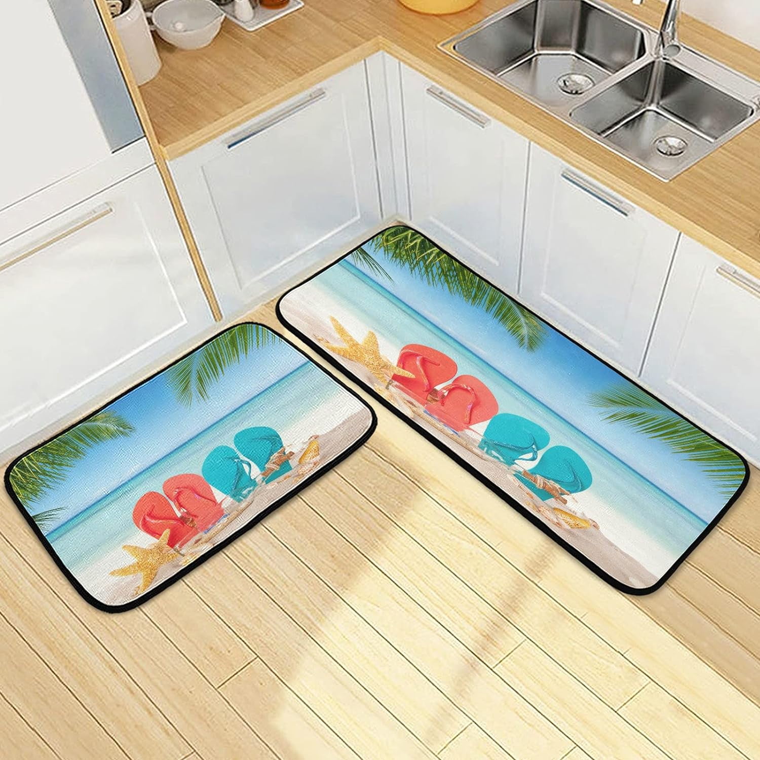SKYSONIC Summer Flipflops Kitchen Mats and Rugs Sandy Beach Blur Sea ...