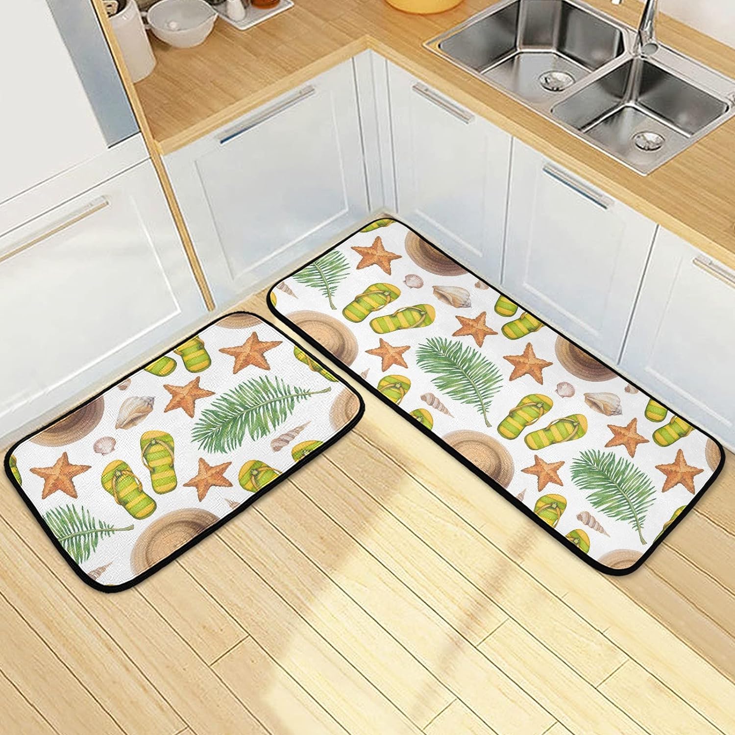 SKYSONIC Summer Holiday Kitchen Rugs Set of 2, Palm Starsfish Flipflop ...