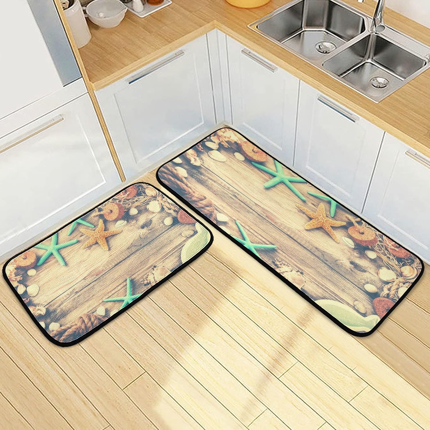 SKYSONIC Summer Holiday Seashells Kitchen Mats and Rugs Vintage Retro ...
