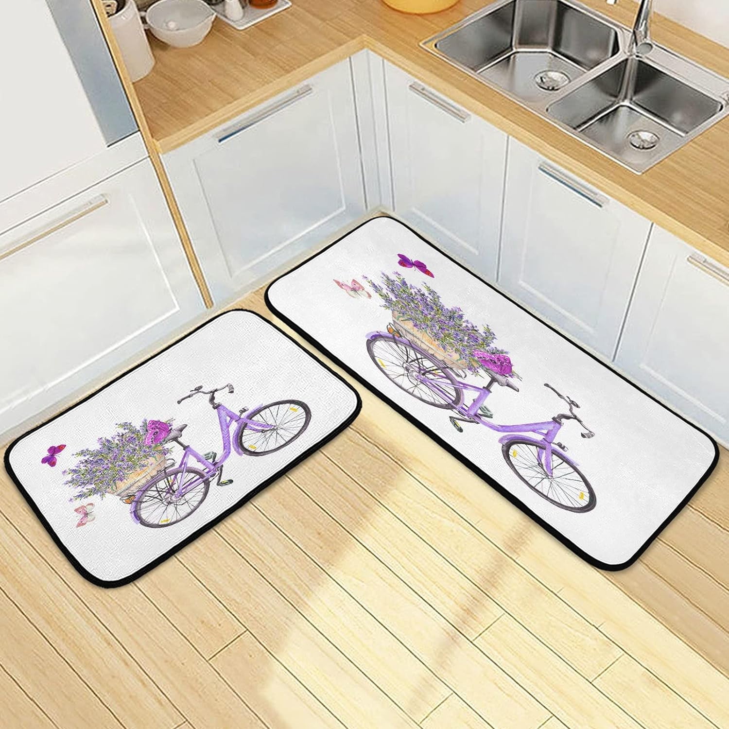 SKYSONIC Summer Lavender Butterflies Kitchen Rugs Set of 2, Purple ...