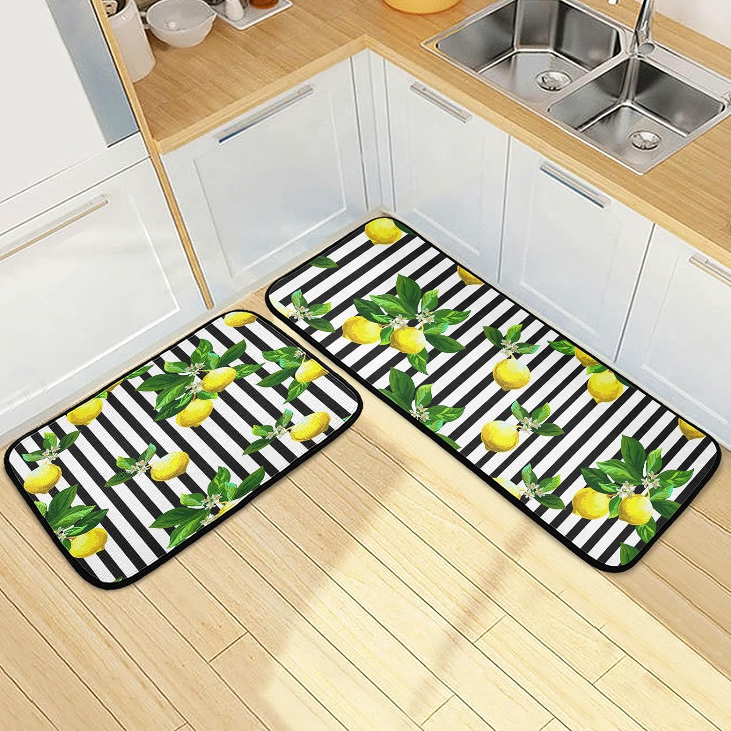 SKYSONIC Summer Lemon Citrus Kitchen Mats and Rugs, Black White Stripe ...