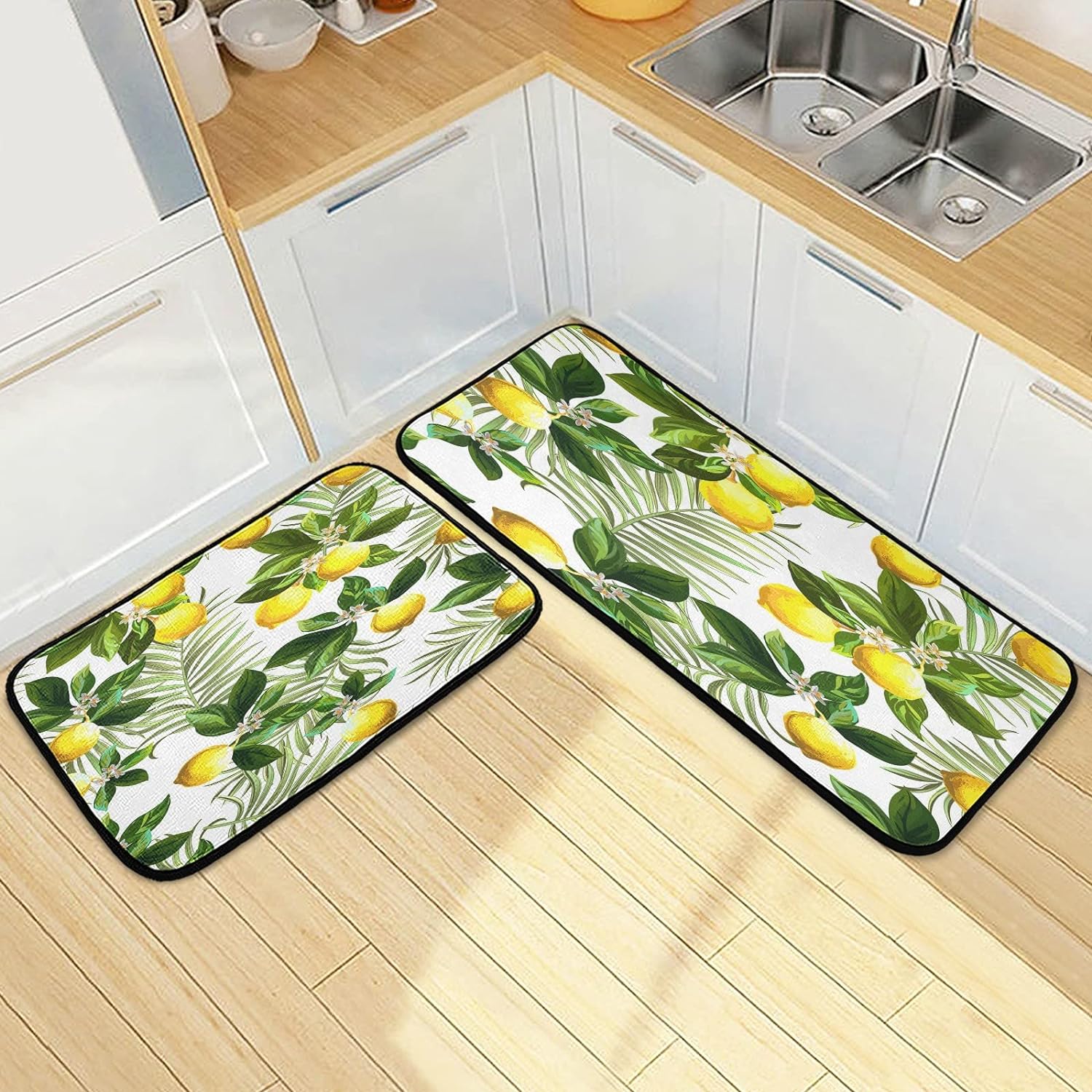 SKYSONIC Summer Lemon Floral Kitchen Mats and Rugs, Tropical Palm Leaf ...