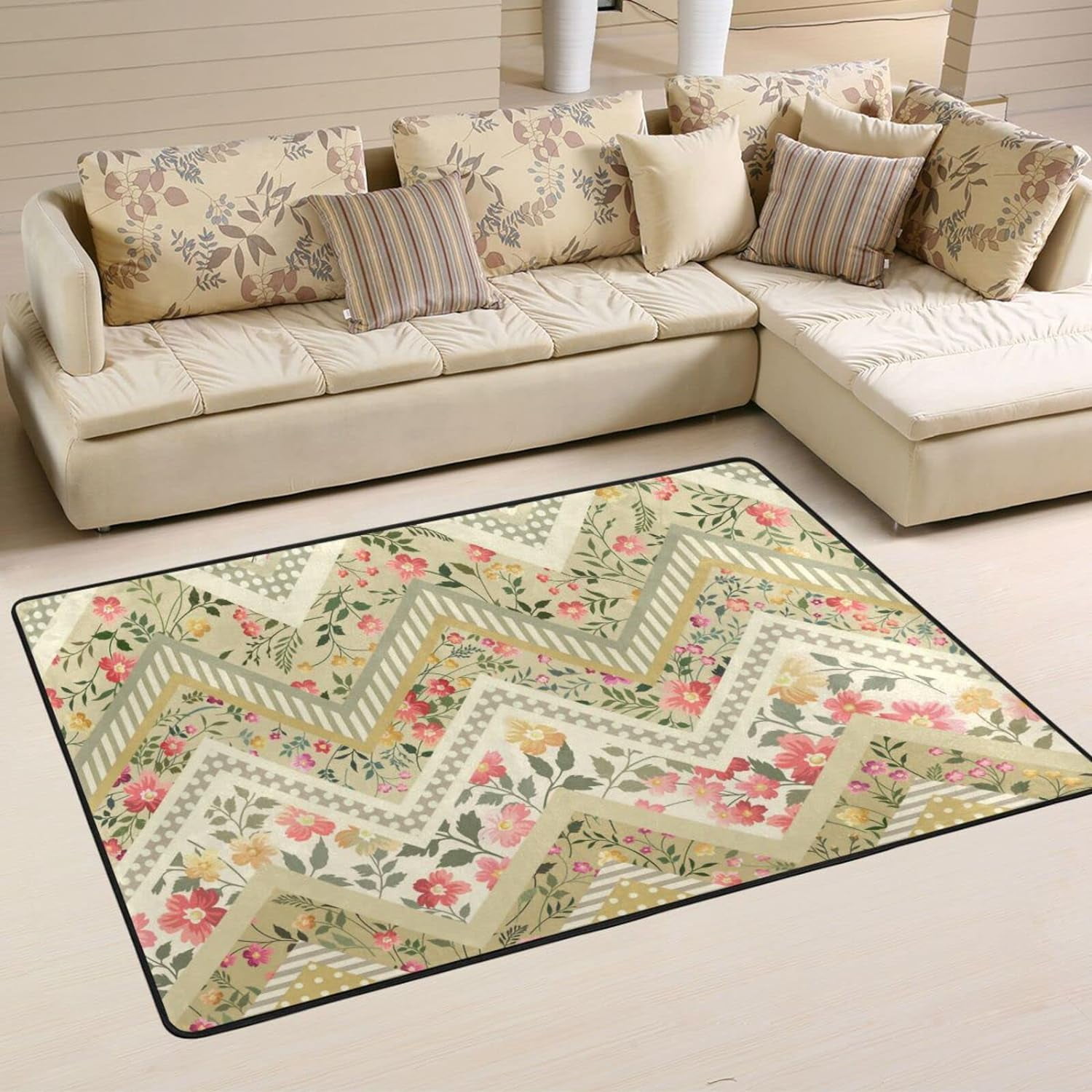 SKYSONIC Summer Rustic Floral Non-Slip Area Rug, Flowers Chevron Floor ...