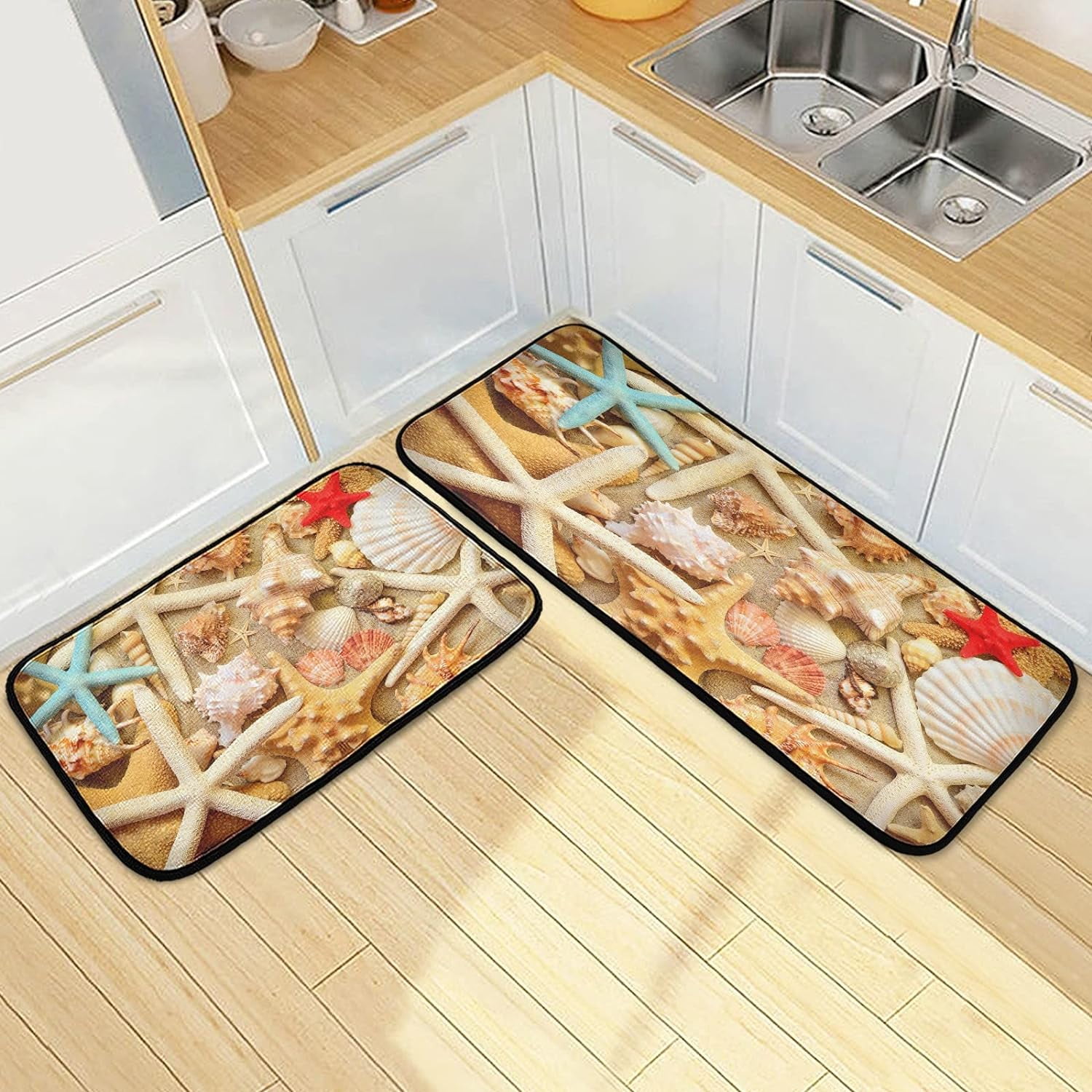 SKYSONIC Summer Sandy Beach Seashell Kitchen Mats and Rugs Starfish ...