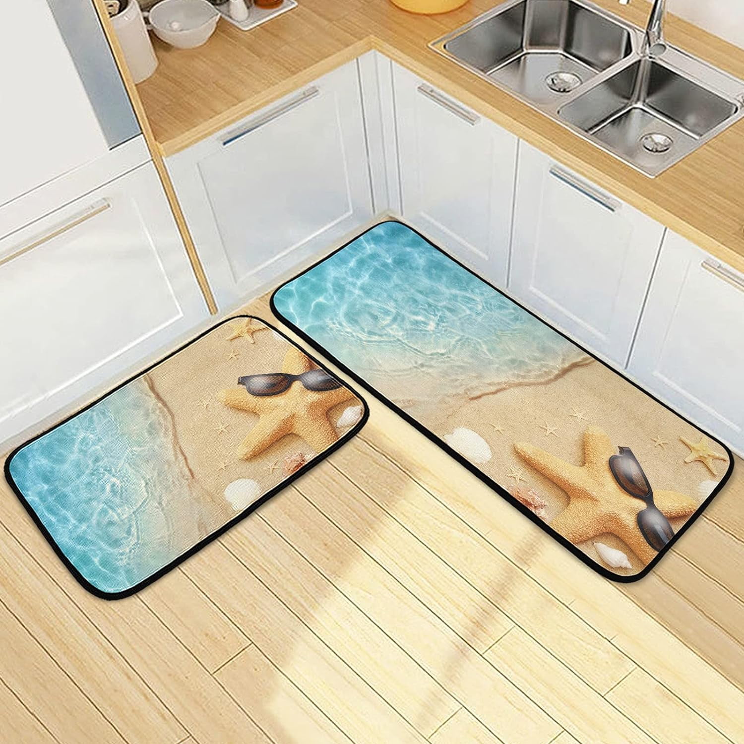 SKYSONIC Summer Starfish Seashell Kitchen Mats and Rugs Sand Beach ...