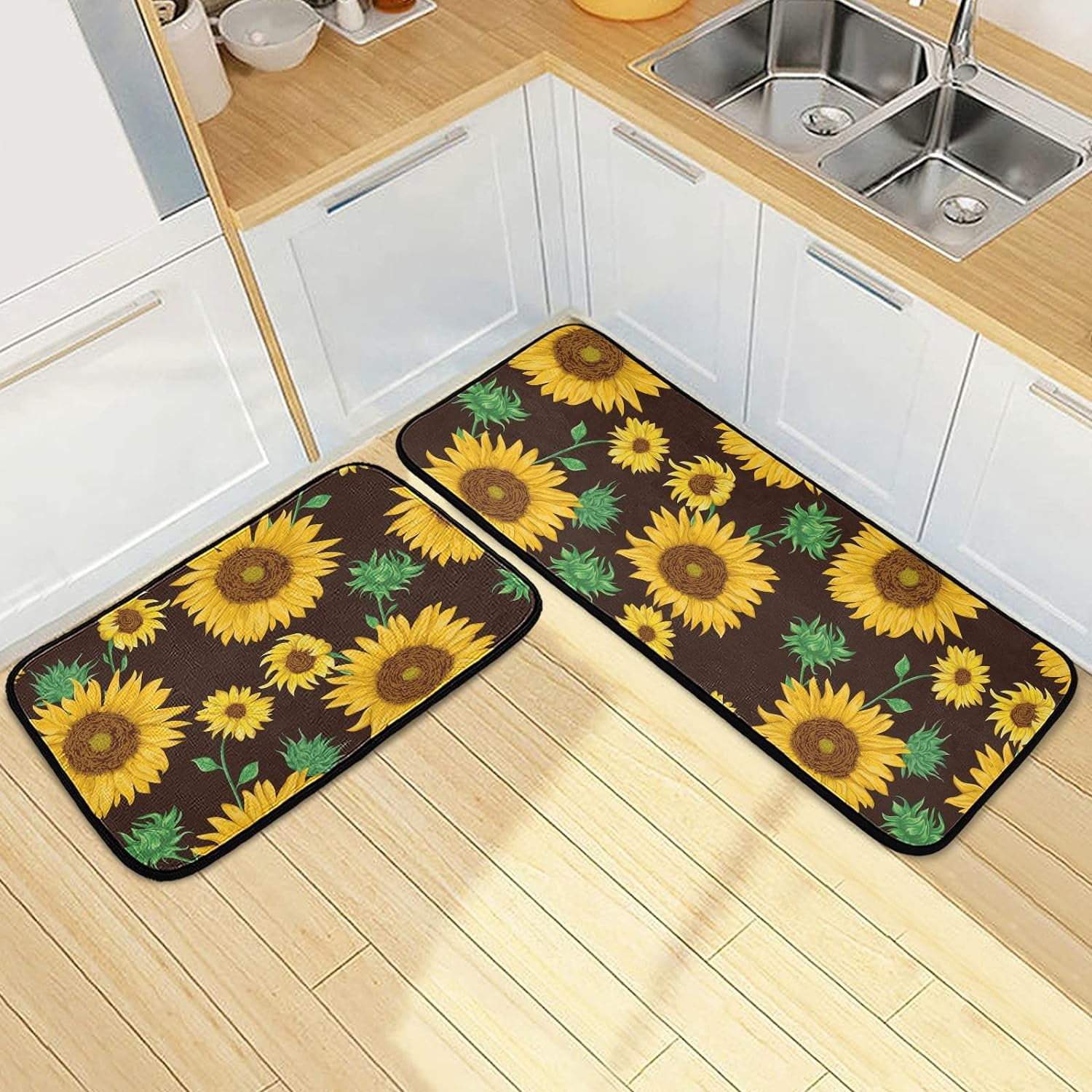 SKYSONIC Summer Sunflowers Kitchen Rugs Set of 2, Yellow Flowers Vivid ...
