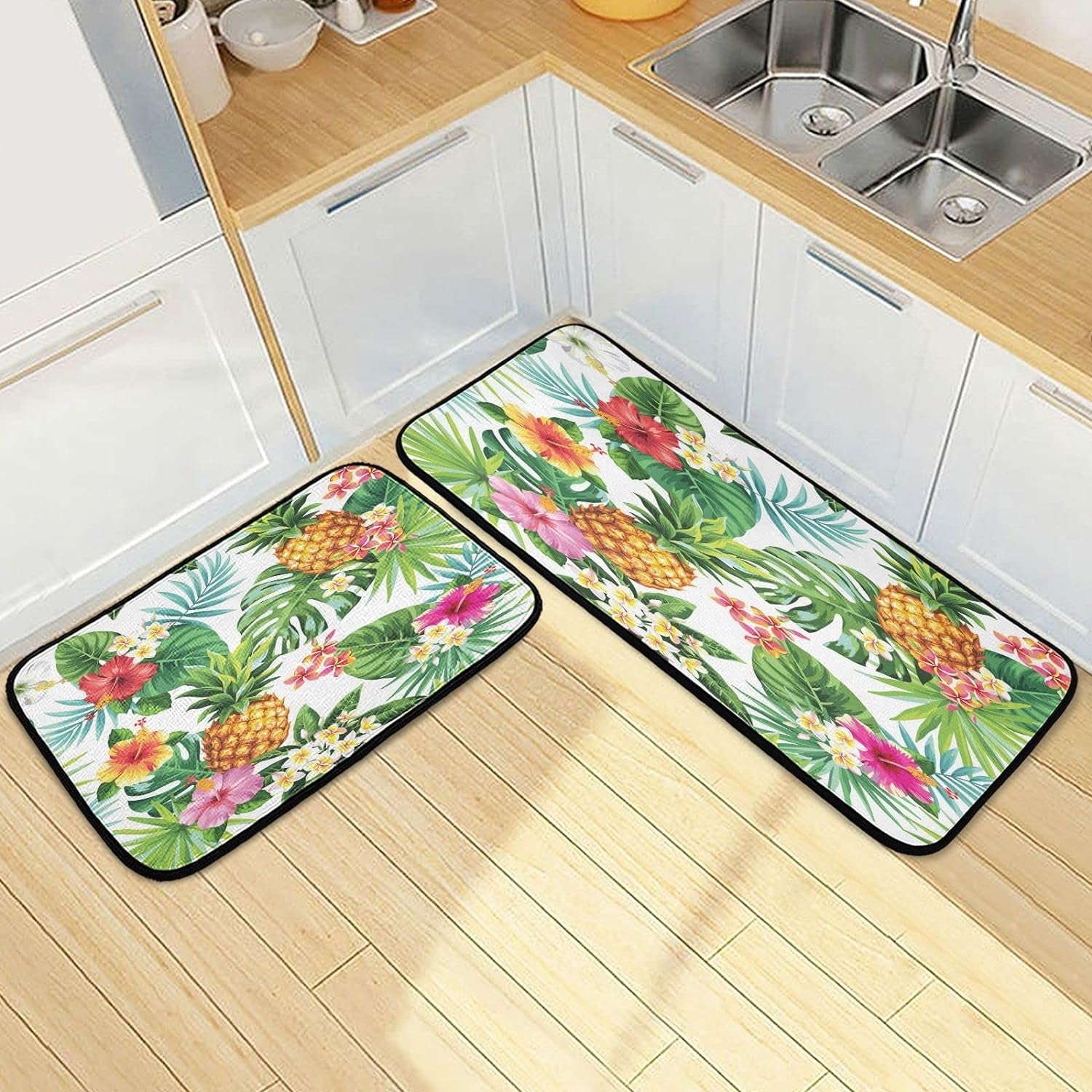 SKYSONIC Summer Tropical Pineapple Floral Kitchen Rugs and Mats 2 Pcs ...